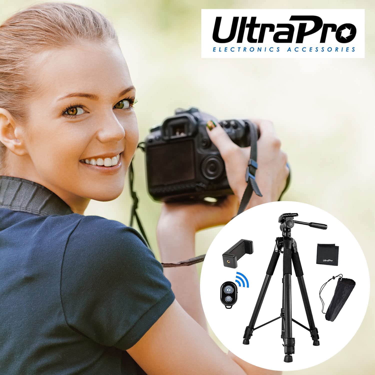 UltraPro 72" Inch Black Camera Tripod with Universal Smartphone Mount + Remote Control Compatible with iPhone/Android Cell Phone, Includes UltraPro Microfiber Cleaning Cloth