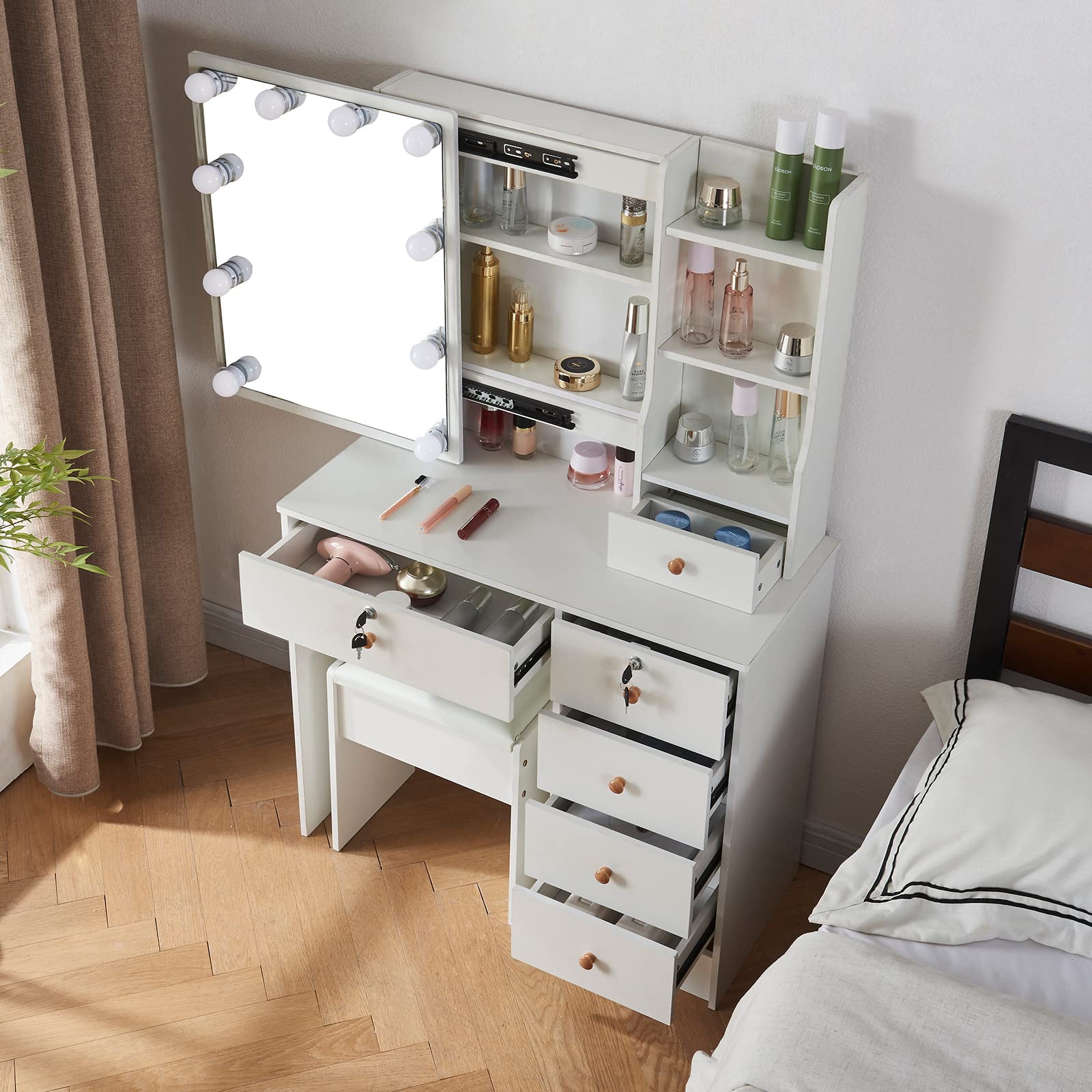YAMISSI Premium Vanity Makeup Desk Set Girls Dressing Table with Sliding Mirror, 6 Storage Drawers and 6 Shelves, 3 Color Light Settings, Makeup Vanity Set for Bedroom. White