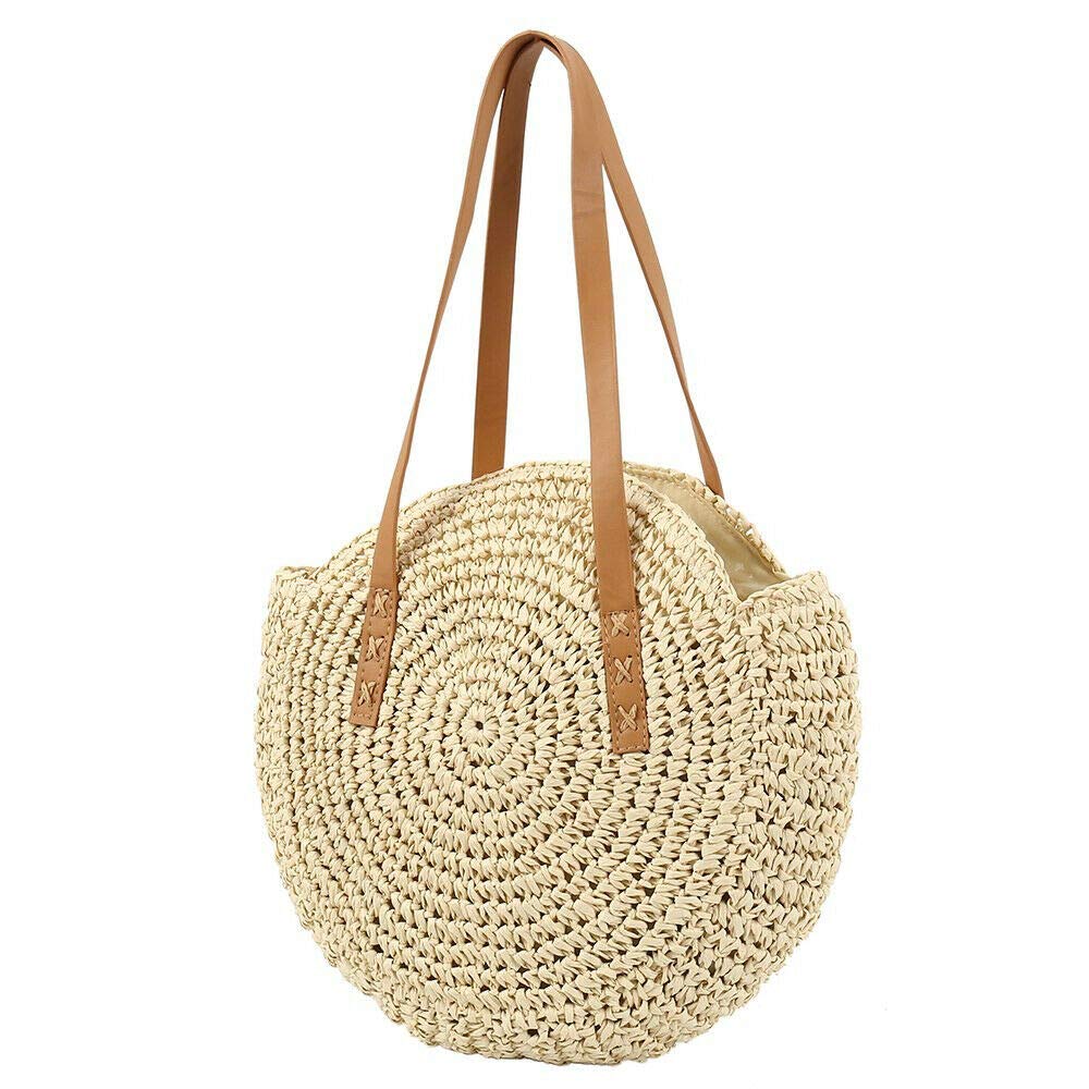 Straw Woven Bags for Women - Beach Bags Handwoven Straw Rattan Totes Shoulder Leather Summer Handbags Cross-Body Bags Beige