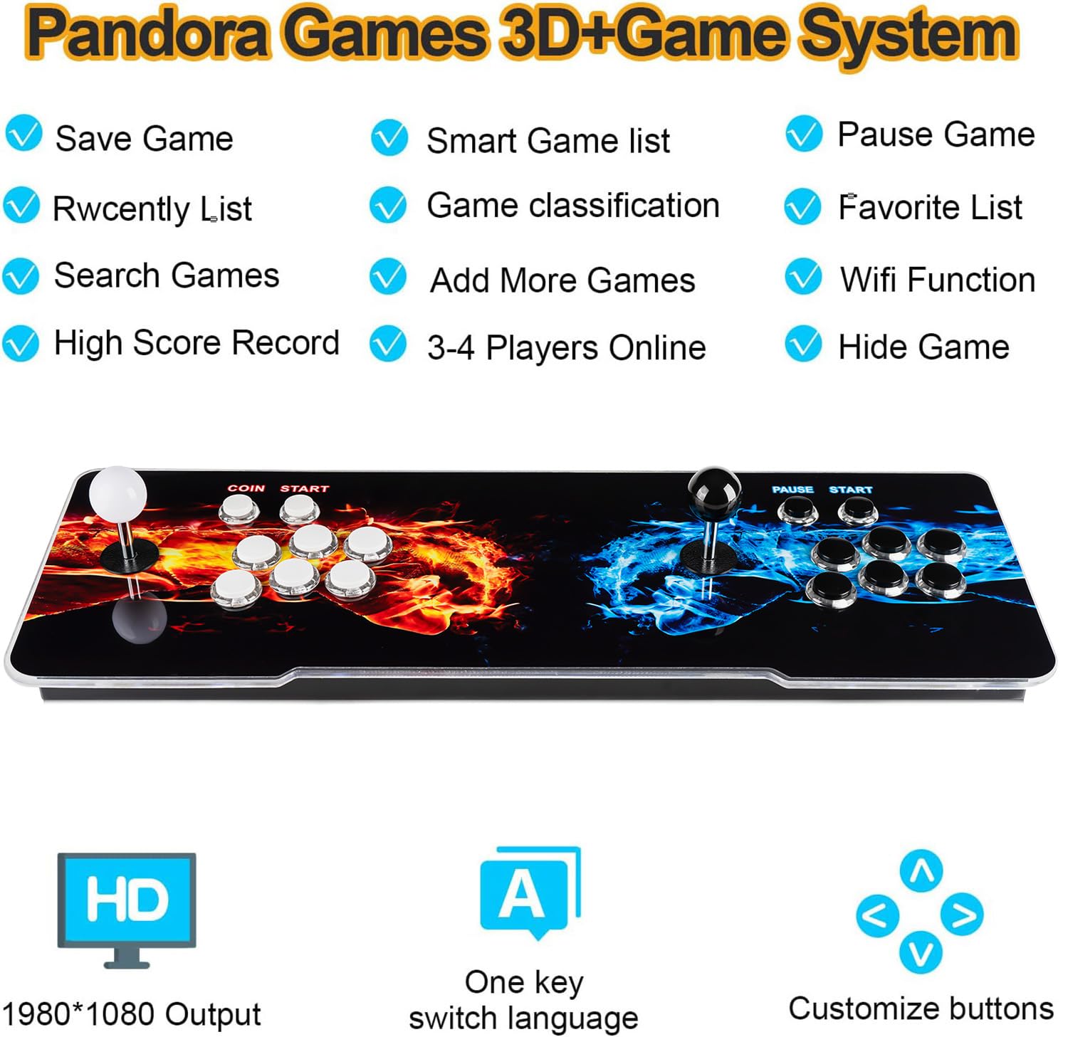 TOJASDN 10000 Games in 1 Pandora Box Arcade Game Console , Box 3D Double Stick,WiFi Function to Add More Games,Retro Game Machine for PC & Projector & TV,1920x1080P,Favorite List,4 Players Online Game