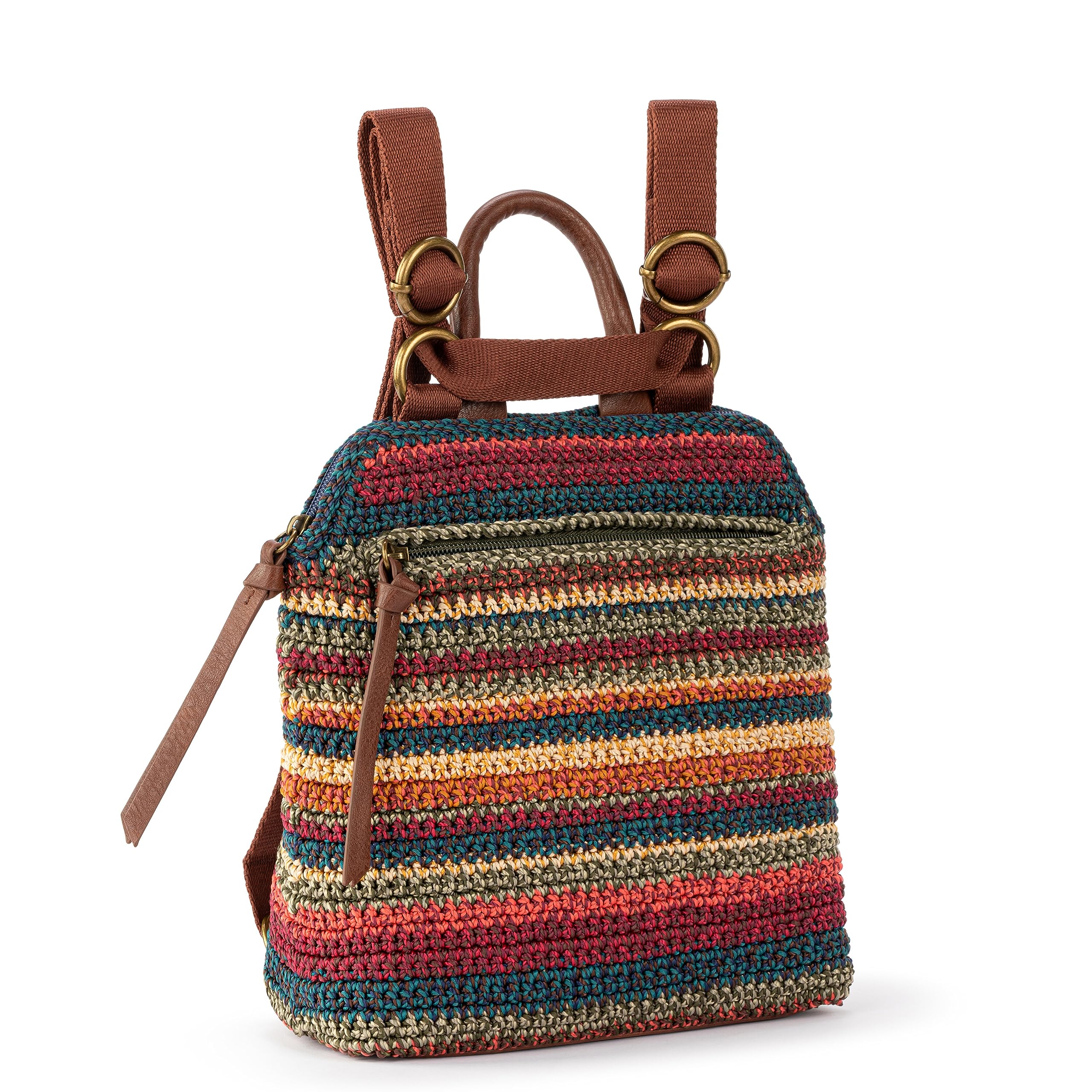 The Sak Loyola Mini Convertible Backpack in Crochet, Adjustable Convertible Strap, Woodland Stripe