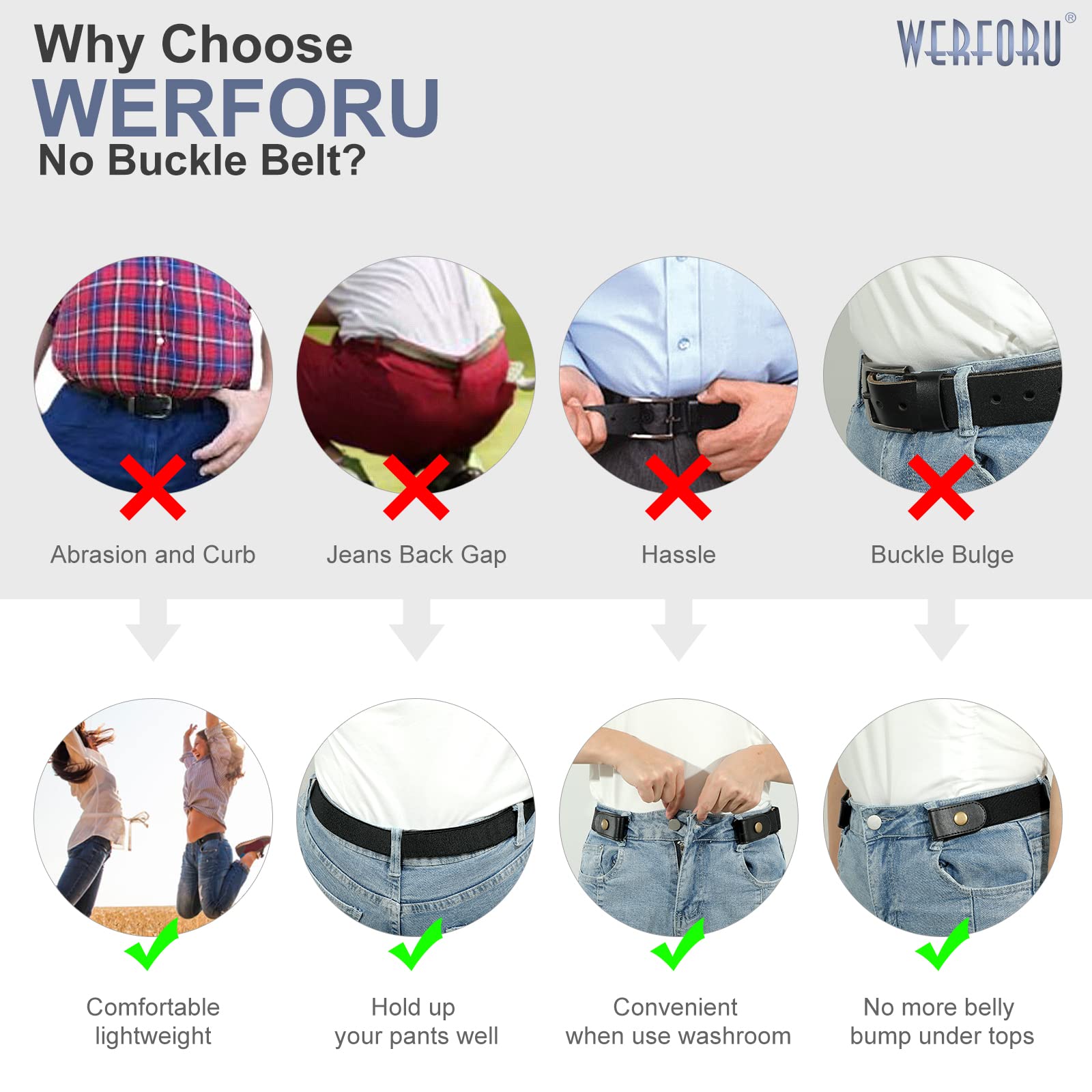 WERFORU No Buckle Stretch Belt For Women Men Elastic Waist Belt Up to 72 Inch for Jeans Pants