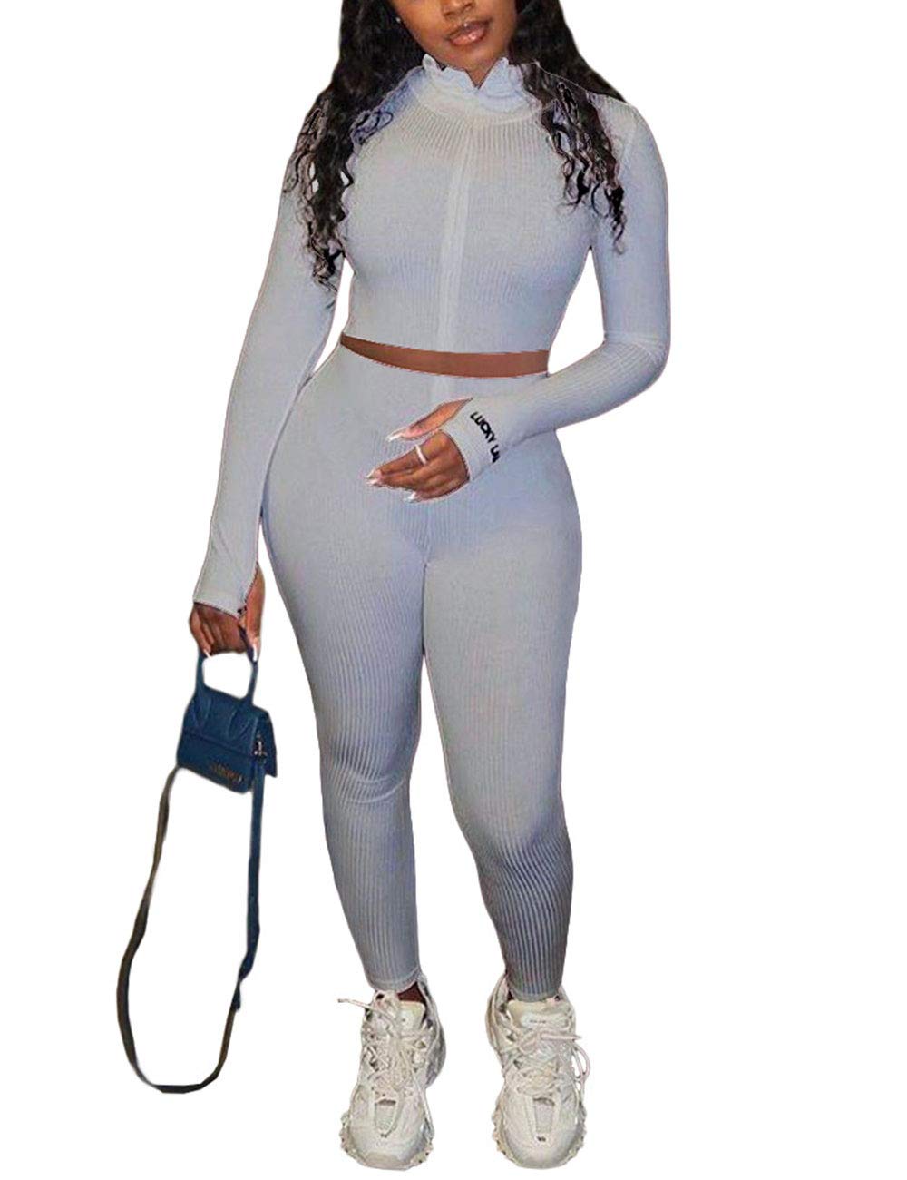 Women Track Suits 2 Piece Set Ribbed Long Sleeve Full Zip Crop Top + Jogging Pants Outfits Grey XL