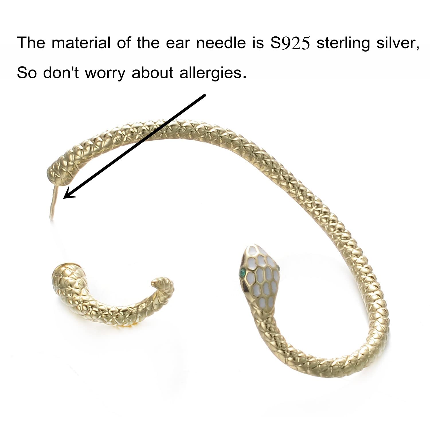 Yoursfs Snake Ear Wrap Earrings 1 PCS 18K Yellow Gold Plated Snake Earring Cuff Sterling Silver Stud Earrings
