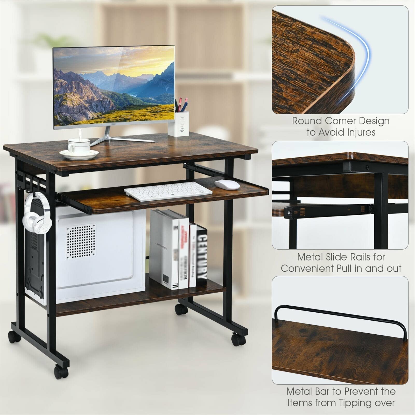 Writing Study Desk, Rustic Brown PC Desk Removable Laptop Cart Writing Desk Workstation with Pull-Out Keyboard Tray and Side Hooks, Stable Heavy Duty Steel Frame ,Computer Workstation for Home & Offic