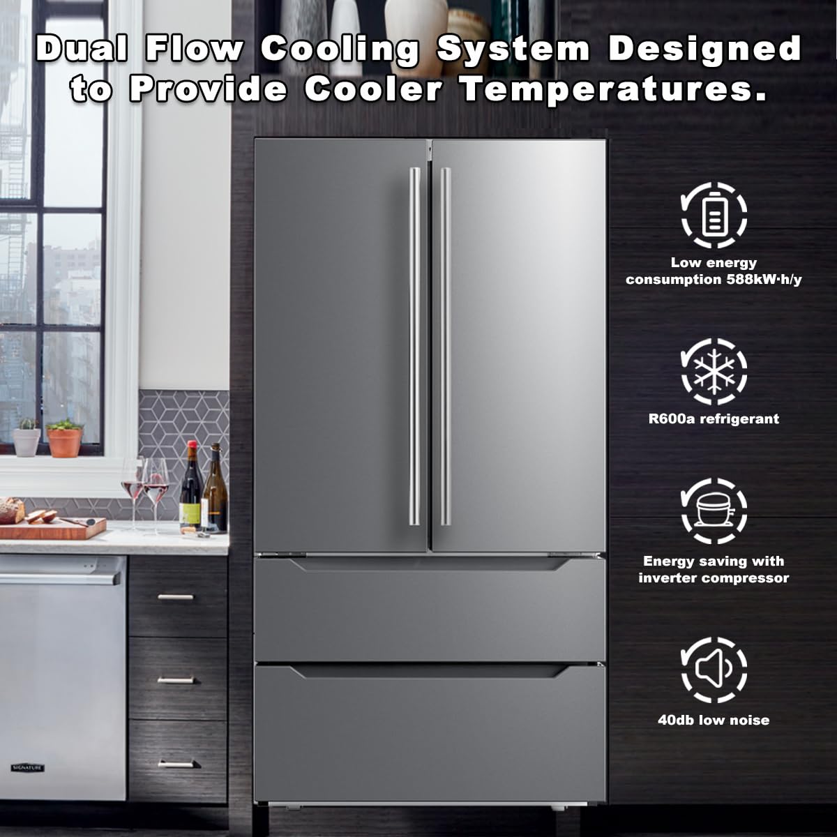 SMETA 36 Inch Side-by-Side Refrigerator 26.3 cu ft Freestanding with Auto Ice Maker and Water Dispenser Large Capacity Refrigerator for Home, Stainless Steel