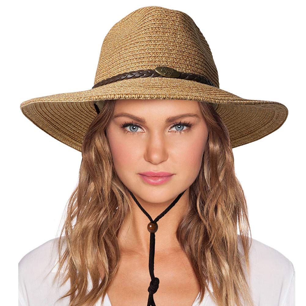 Womens Straw Sun Hat Classic Flat Beach Hat Mens Garden Hat Cowboy Style Hat with Wind Lanyard UPF 50+ Summer Hat Khaki