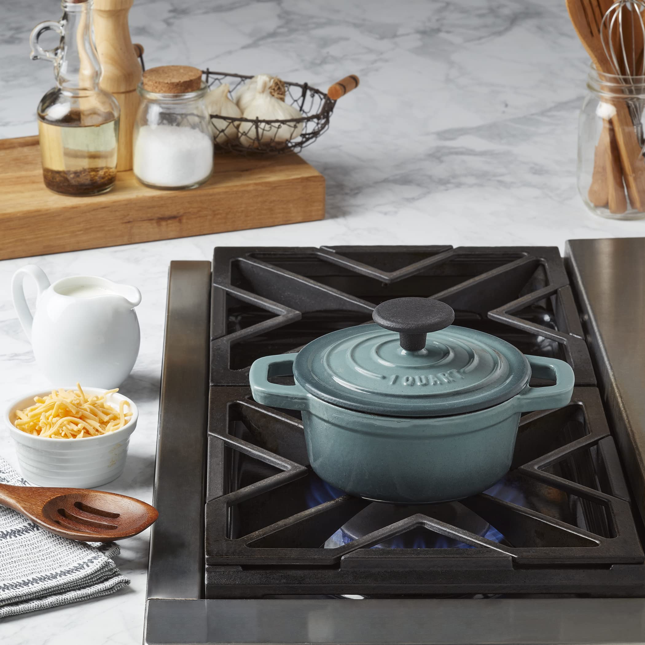 Smith Clark Ironworks Enameled Cast Iron Dutch Oven Pot with Lid (1 Quart, Teal)
