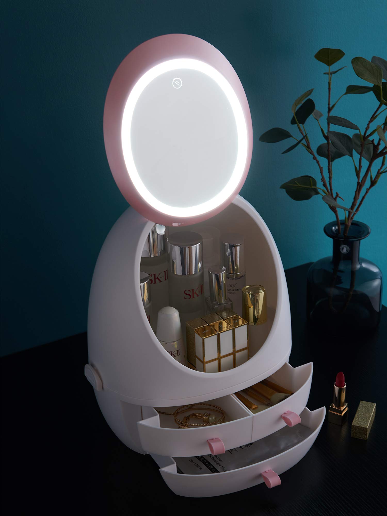 Sooyee Makeup Organizer,Bathroom Counter Organizer, Modern Jewelry and Cosmetic Display Cases with Led Lighted Mirror,Make Up Organizer Stands for Bathroom, Dresser, Vanity Countertop