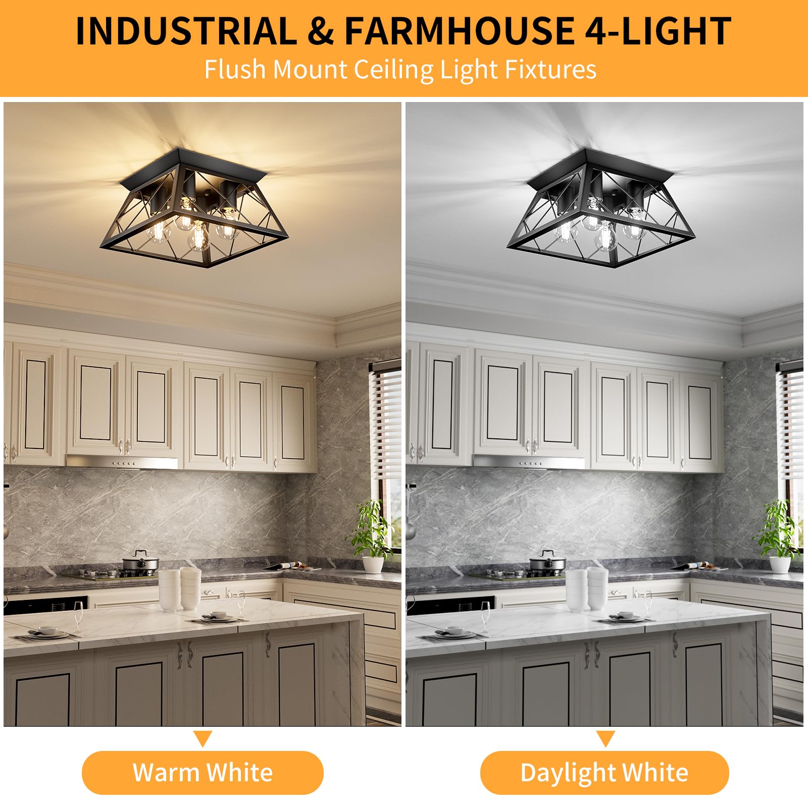 Umtozz 4-Light Kitchen Light Fixtures Ceiling Mount, Farmhouse Black Flush Mount Ceiling Light, Industrial Square Ceiling Light Fixture for Dining Room Living Room Bedroom