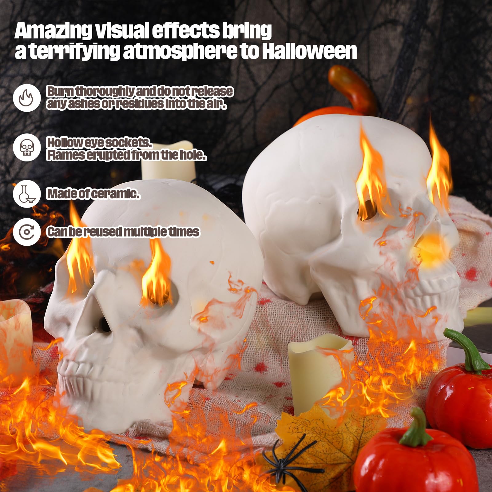 Tanlade 2 Pcs Imitated Human Skull Gas Log for Indoor or Outdoor Fireplaces Ceramic Fireproof Fire Pit Skull Log Halloween Skull Shaped Decor for Bonfire, Campfire, Fireplace, Firepit