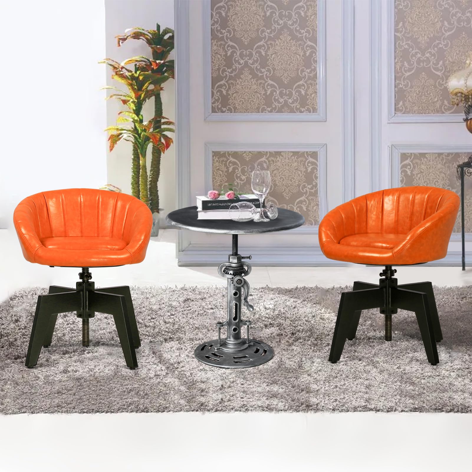 Topower 3 Piece Pub Set Industrial Retro Side Table End Table Height Ajustable Cast Iron Base Bar Table and Kitchen Dining Breakfast Chair Counter Height Barstool 1 Table + 2 Chairs