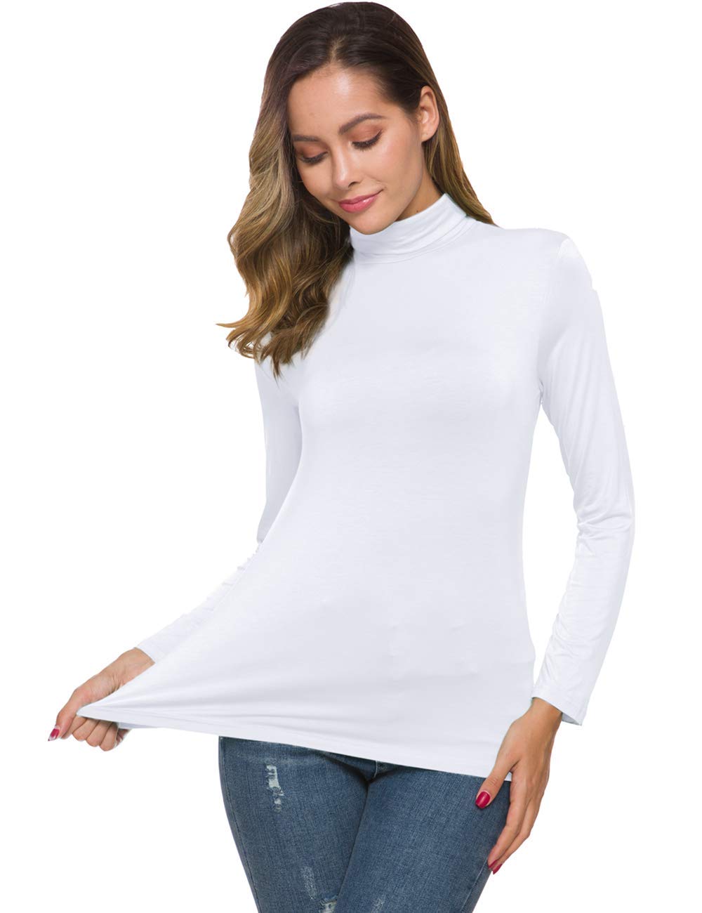 White Long Sleeve Shirt Women Basic Layer Turtleneck Top Stretch Slim Fit Pullover Large