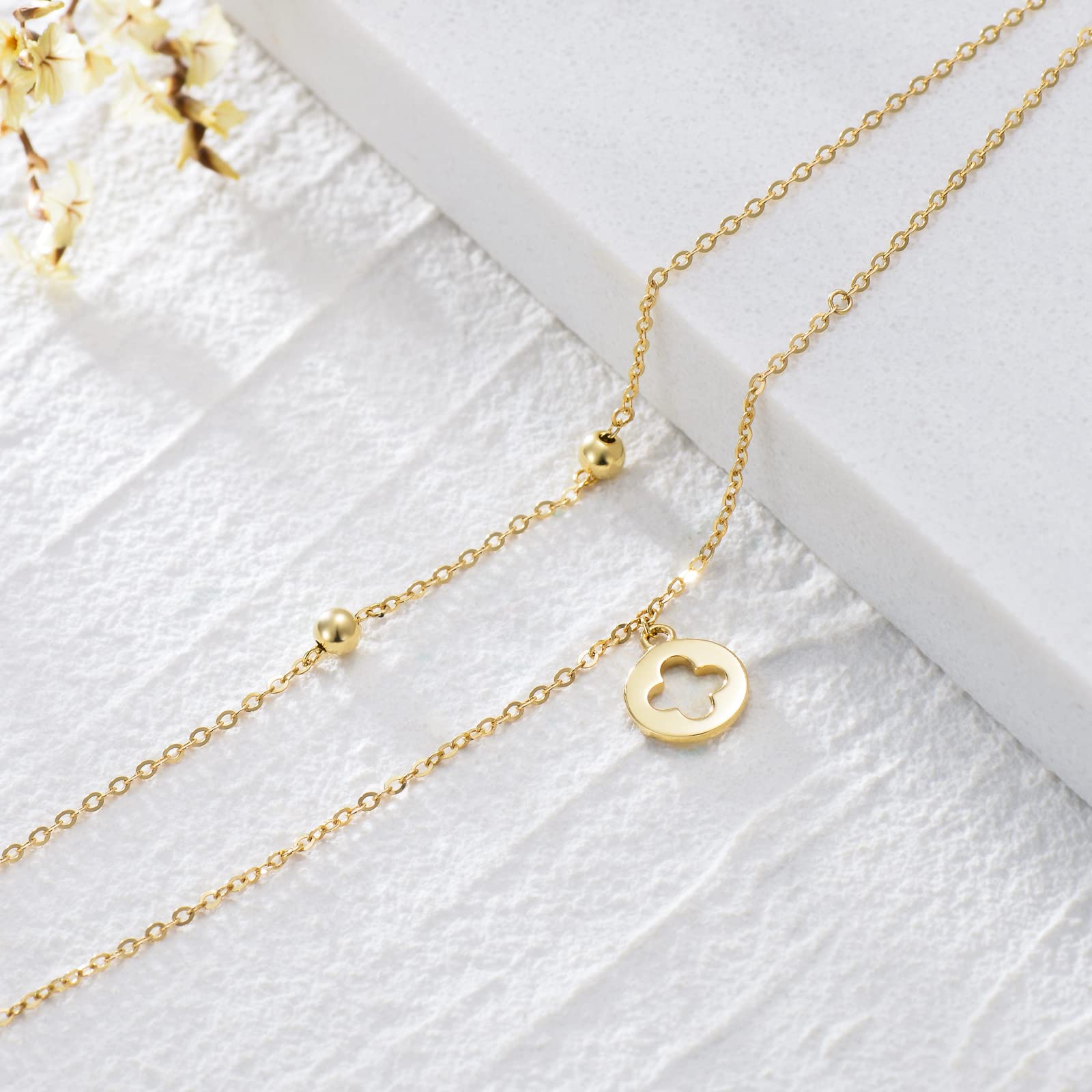YDD 14K Solid Gold Four Leaf Clover Bracelet for Women Layered Bracelets for Women Gold Beaded Bracelet 6.5+1+1 inch