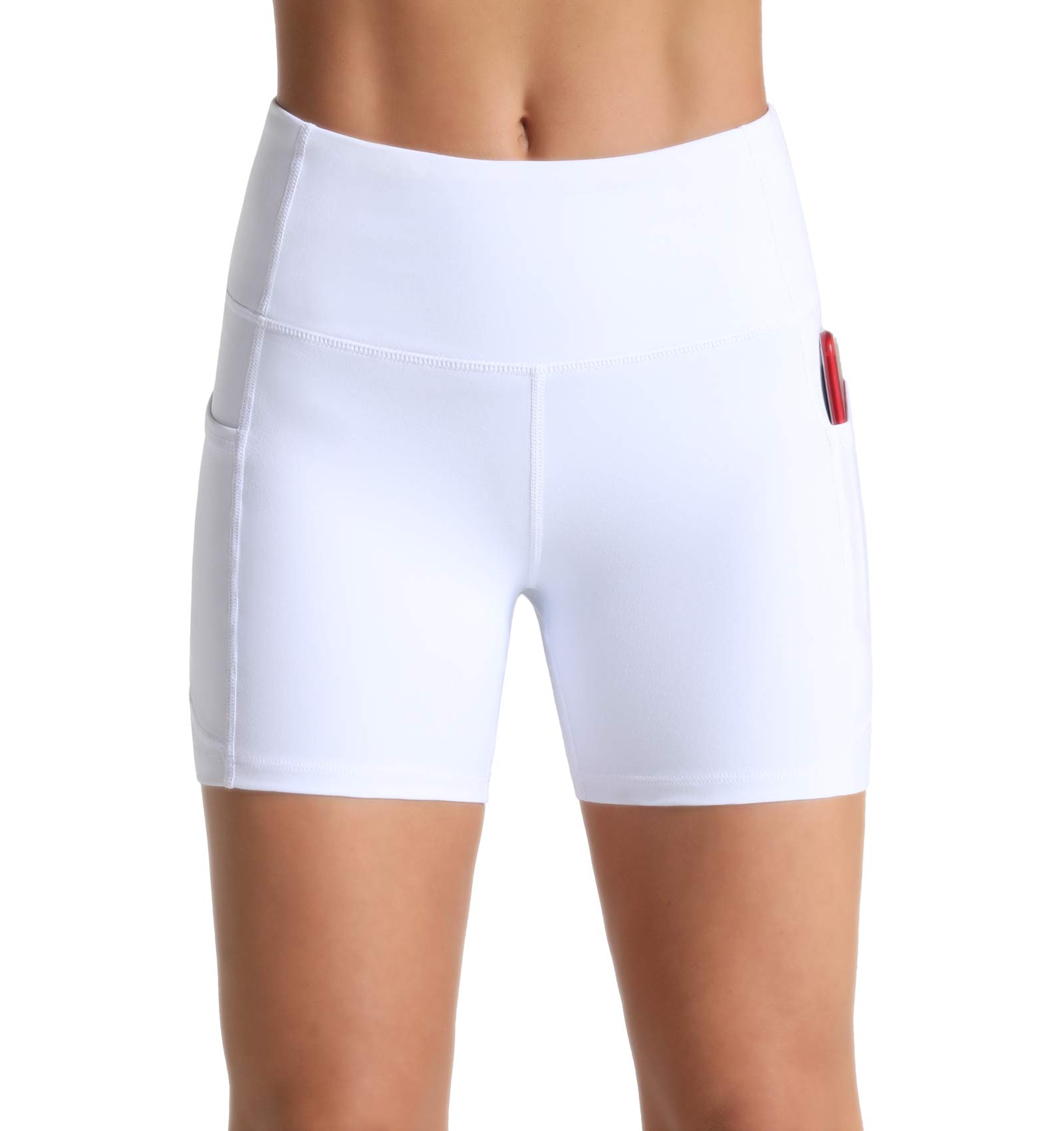 Wjustforu Women's 5" High Waist Biker Shorts Tummy Control Compression Yoga Short Tight Shorts for Workout Running (White, Medium)