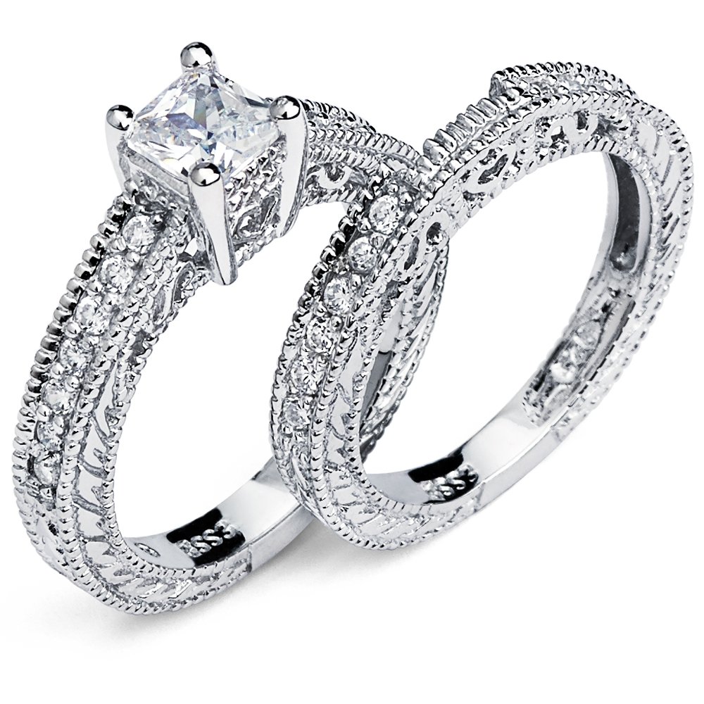 Sterling Silver 925 Princess Cut Carved Bridal Set Engagement Ring Wedding Band W/Cubic Zirconia SZ 9
