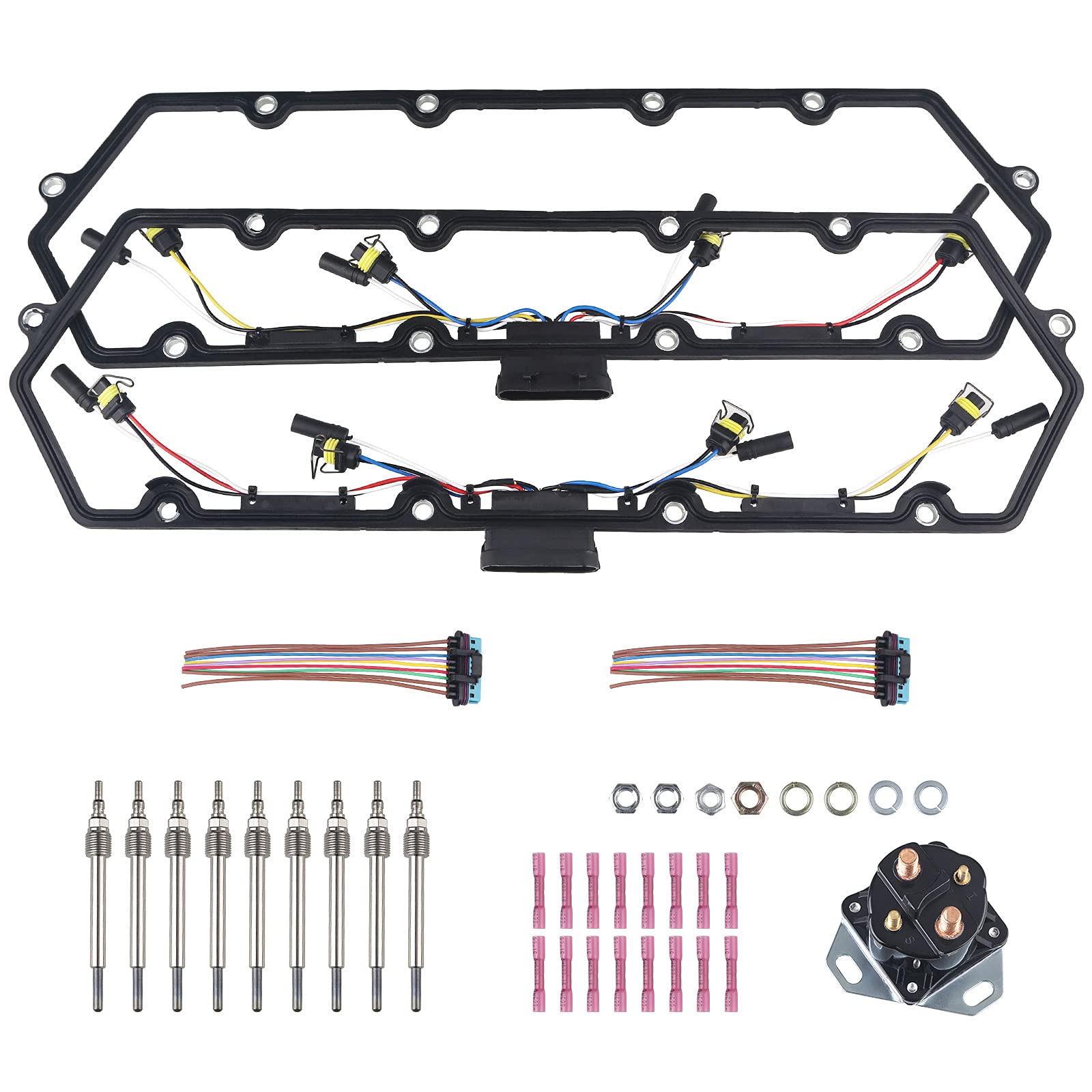 WMPHE Compatible with 2 Valve Cover Gaskets + Inner Injector Glow Plug Harness with Relay + 8 Glow Plugs Ford F250 F350 E250 E350 Diesel Powerstroke 7.3L 1999 2000 2001 2002 2003, OEM F81Z-6584-AA
