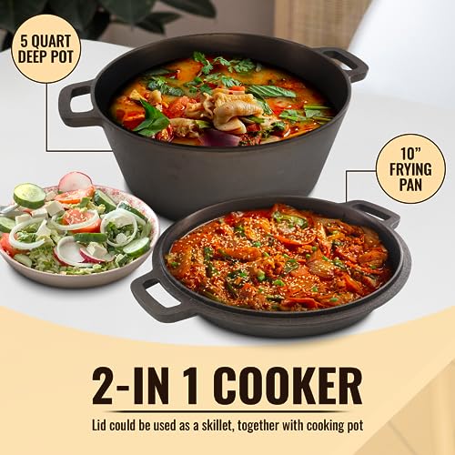 Smooth and Polished Cast Iron Dutch Oven by StarBlue β 5 qt Cast Iron with 10 Inches Diameter, 2 in 1 Multipurpose Skillet and Pot for Non-Stick Cooking