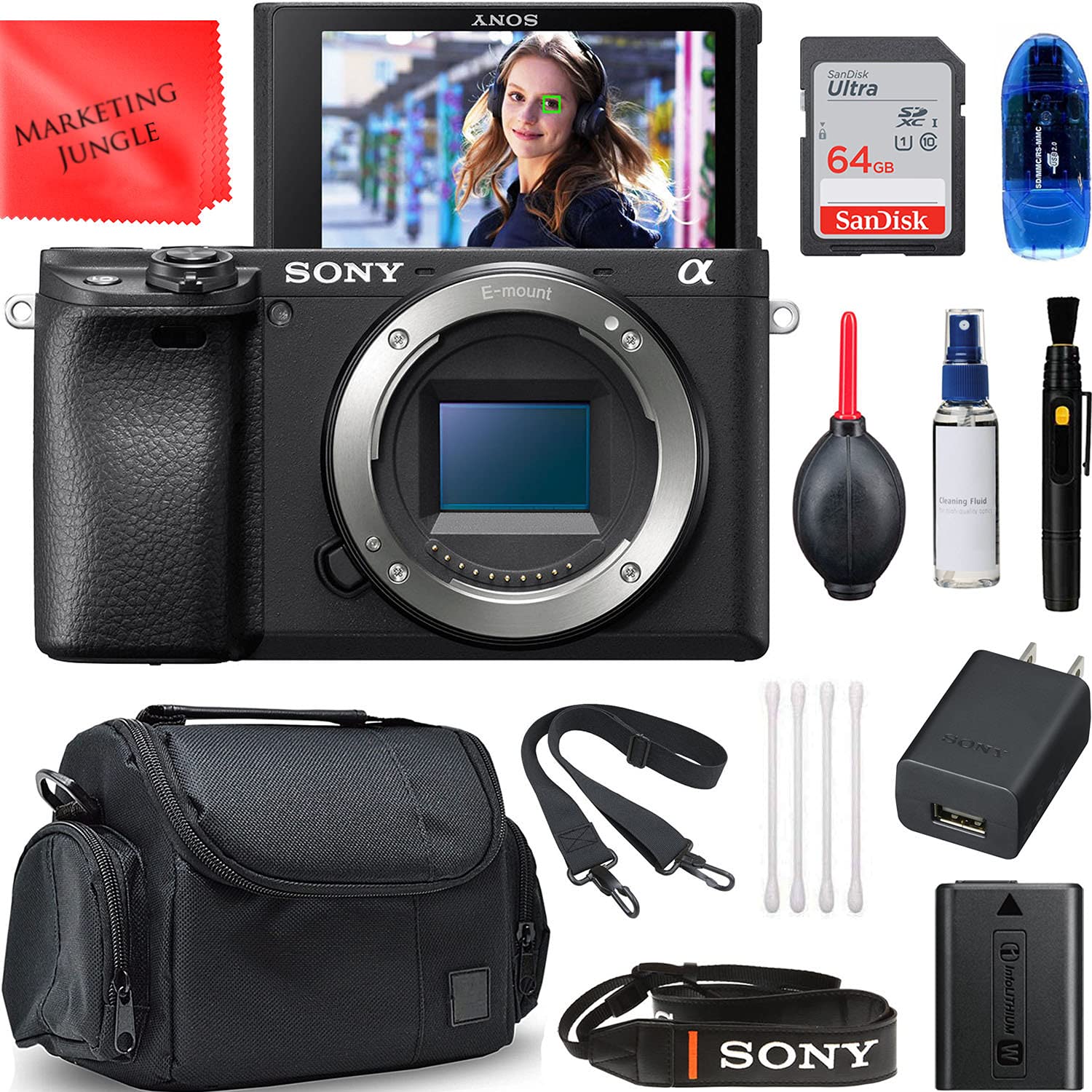 Sony Intl. Sony Alpha a6400 Mirrorless Digital Camera Black (Body Only) Bundle, Starter Kit + Accessories (64Gb Memory Card, Cleaning Kit, Gadget Bag and More) compact (Renewed)