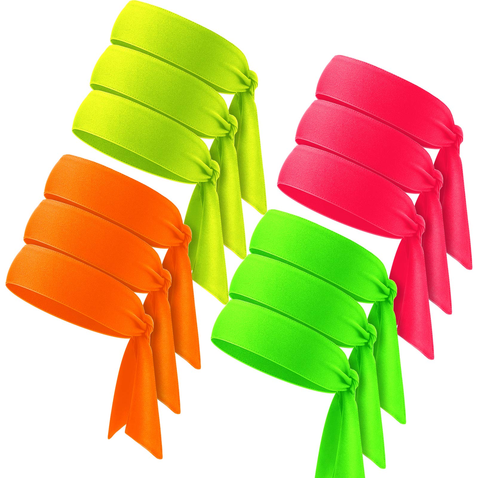 WILLBOND 12 Pieces Unisex Tennis Tie Headband, Dry Head Tie Sport Tie Back Headband for Basketball, Running, Tennis, Karate, Athletics (Neon Color, One Size, Black, 5.5 cm Wide, Polyester)