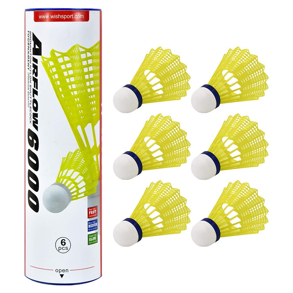 Wish Airflow 6000 Badminton Tournament Shuttlecocks β 6 Pack Tube of Durable Nylon Shuttlecocks with Cork Tips β Badminton Birdies for Indoor and Outdoor Play, Yellow