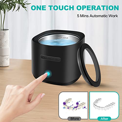 Ultrasonic Retainer Cleaner Denture Cleaning: 42kHz Portable Sonic Dental Clean Pod for Mouth Guard Denture Aligner Invisalign (Black)