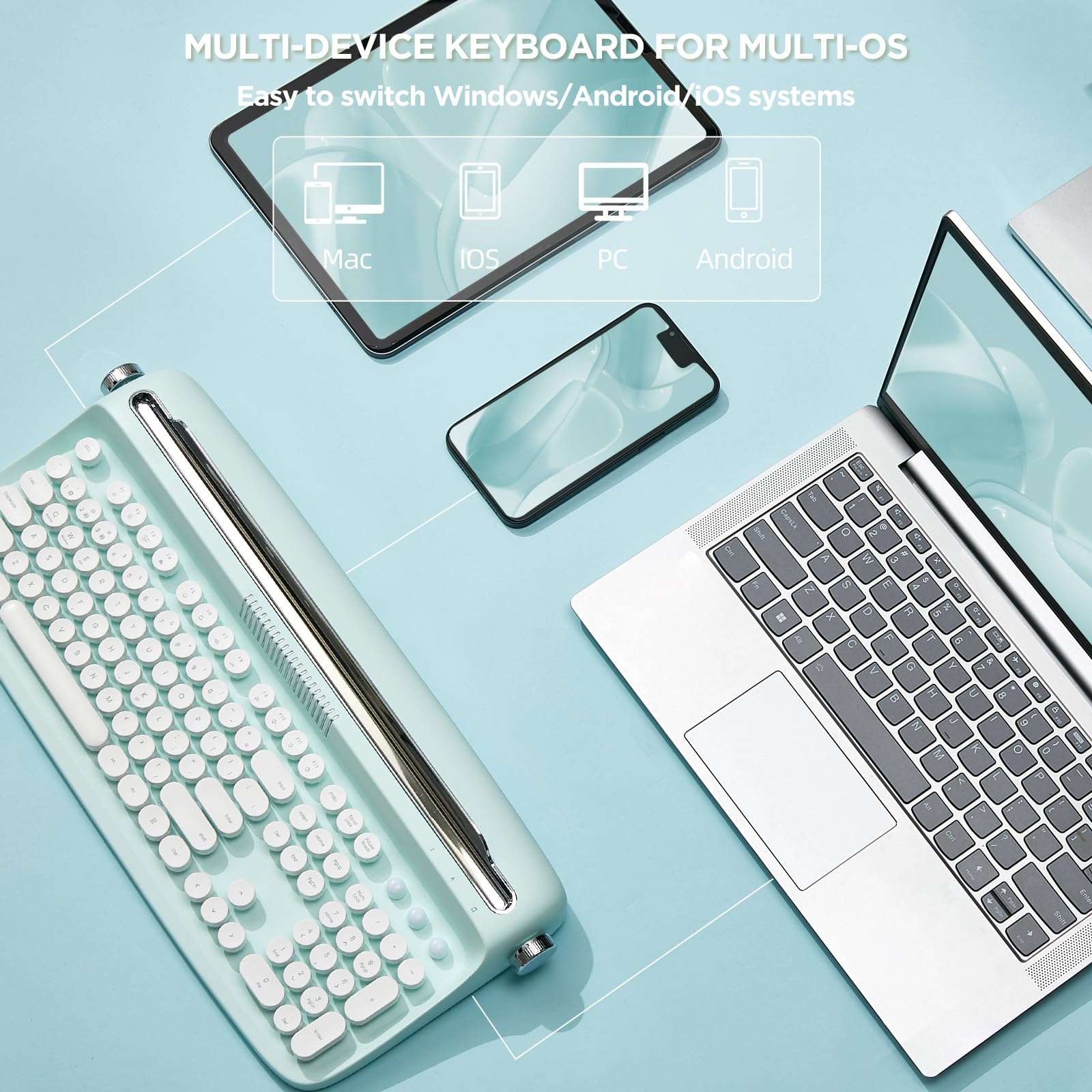 YUNZII ACTTO B503 Wireless Typewriter Keyboard, Retro Bluetooth Aesthetic Keyboard with Integrated Stand for Multi-Device (B503, Sweet Mint)
