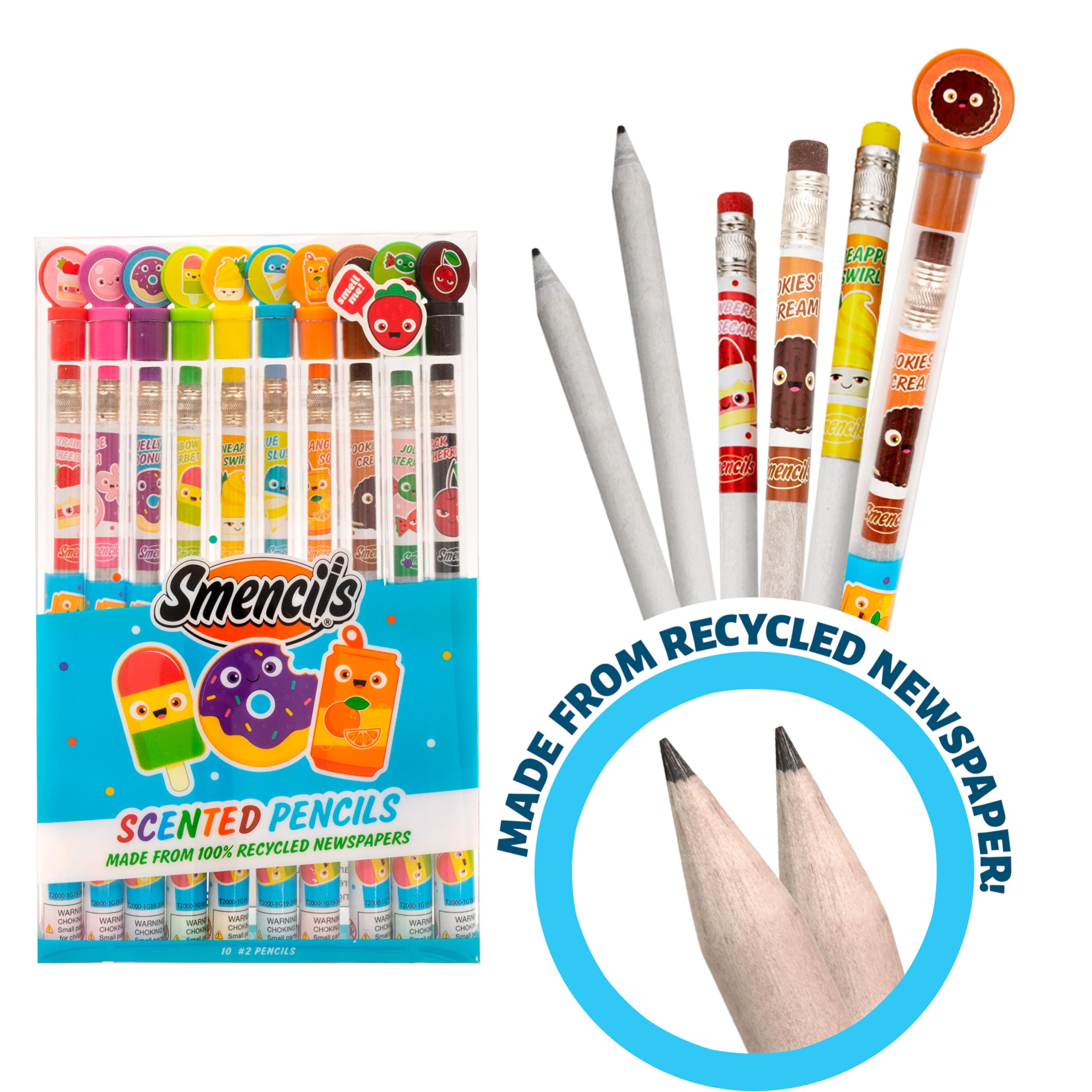 Smencils - Scented Graphite HB #2 Pencils made from Recycled Newspapers, 10 Count, Gifts for Kids, School Supplies