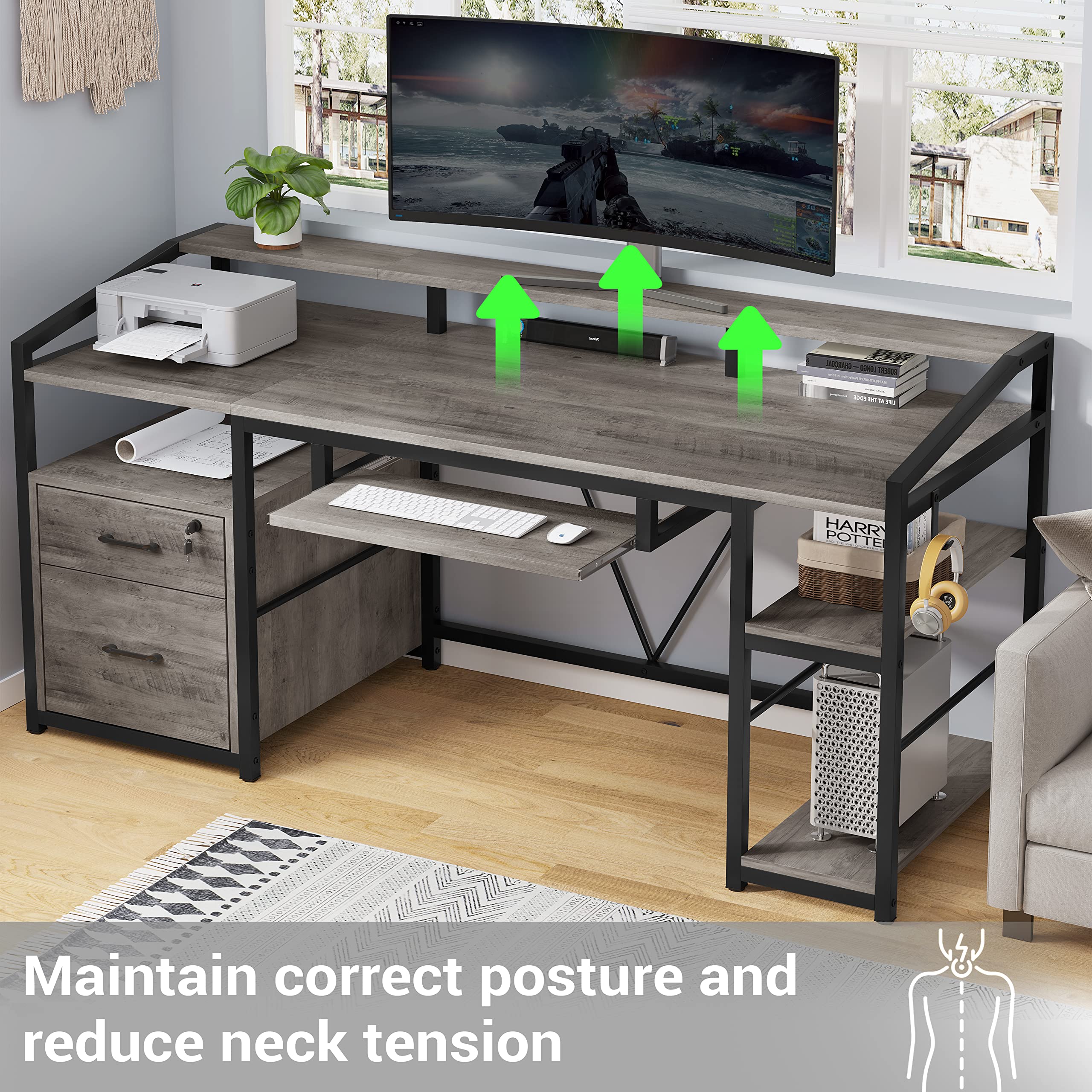 SEDETA Computer Desk, Desk with Lock Drawers for Legal, Letter File, Gaming Desk with LED Light & Power Outlets, Office Desks for Printer, Grey