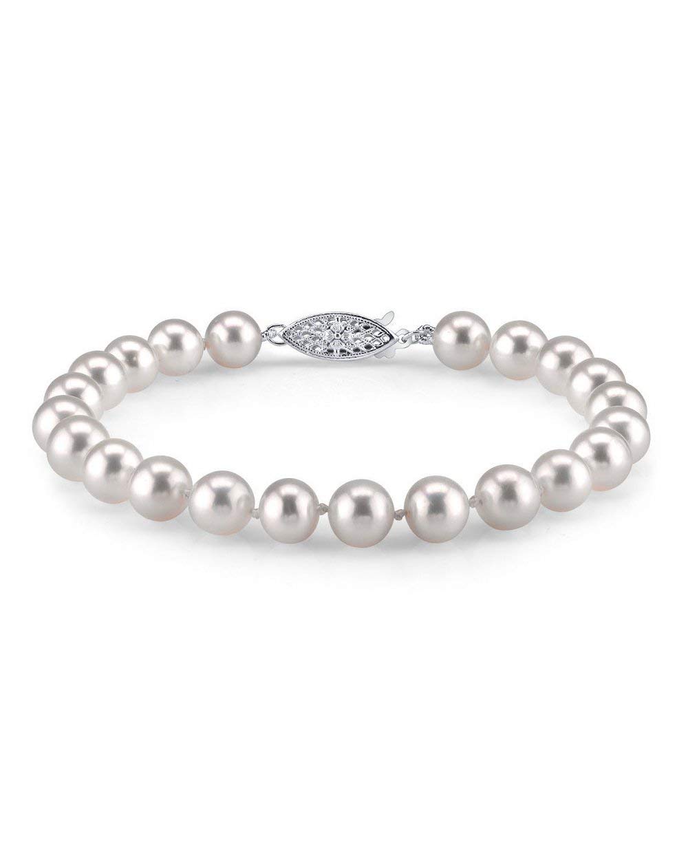 The Pearl Source 14K Gold 7-7.5mm Round White Japanese Akoya Saltwater Cultured Pearl Bracelet for Women