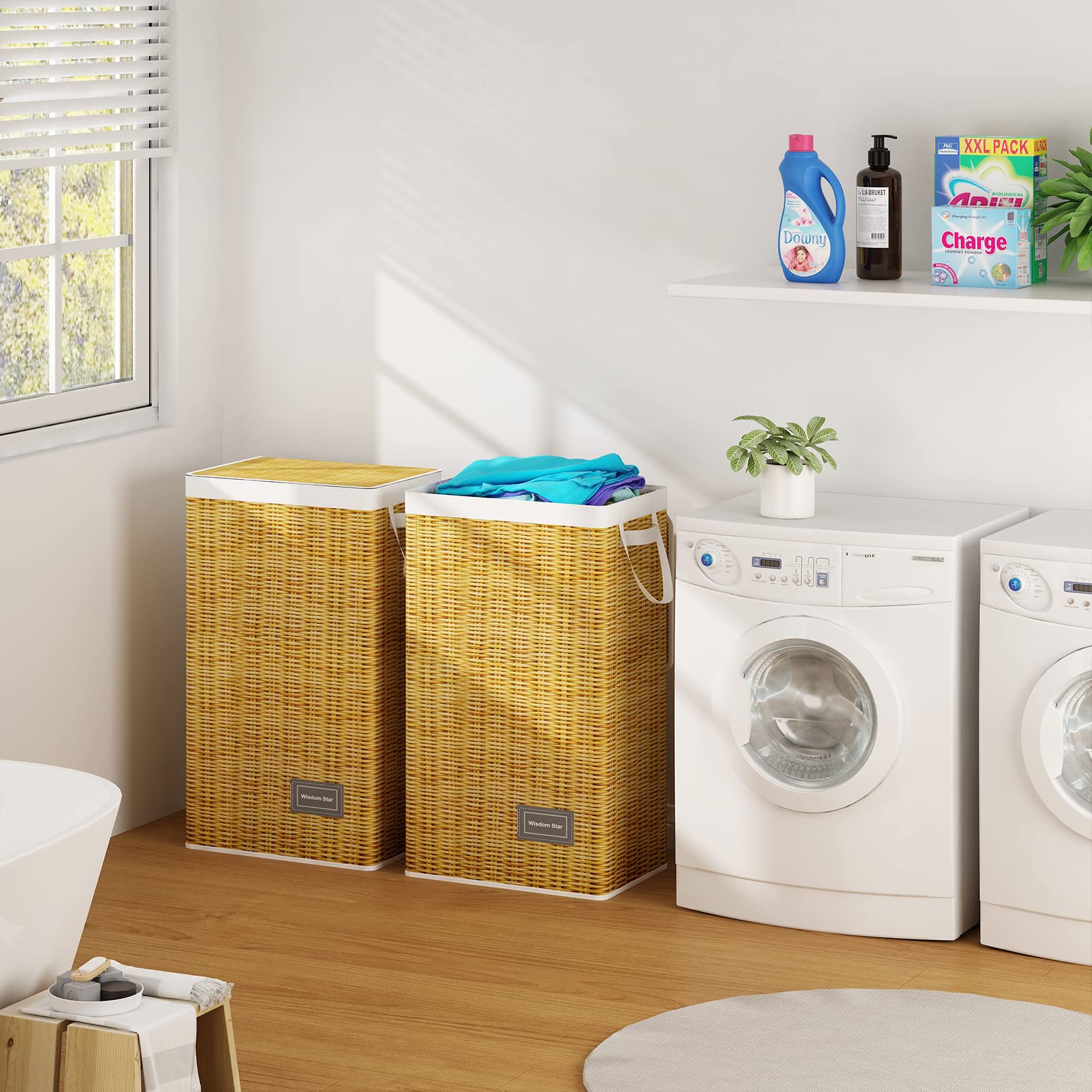 Wisdom Star Full Fabric Laundry Basket with Lid, 100 Gal(100L), Large Laundry Hamper with Handle Removable Bag, Collapsible Clothes Hamper Organize, For Change of Clothes Toys Towels, Wicker Print