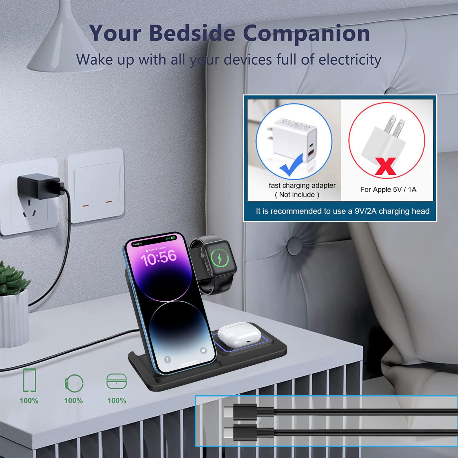 Wireless Charger,VNBBT 3 in 1 Wireless Charging Station Foldable for Apple iPhone/iWatch/Airpods,iPhone 15 14,13,12,11(Pro,Pro Max)/XR/XS/X/8(Plus),iWatch Ultra 9 8 7 6 SE 5 4 AirPods(No Adapter)