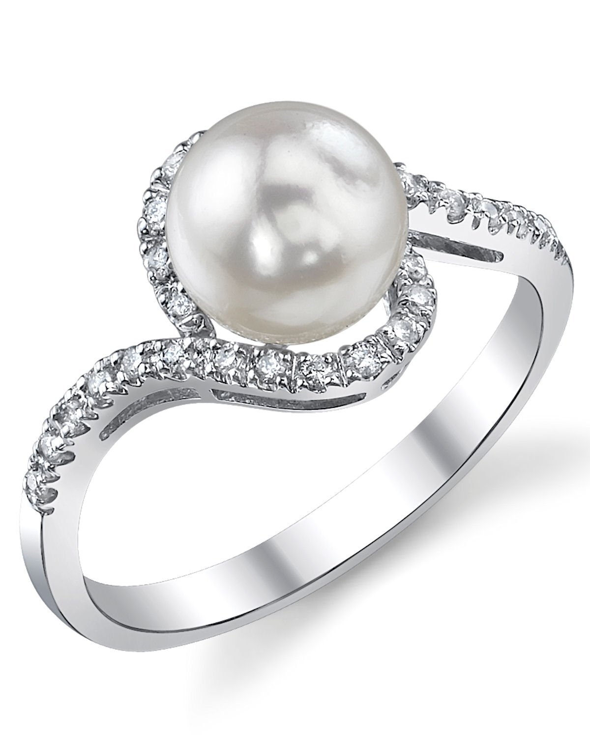 The Pearl Source 14K Gold 7.5-8mm Round Genuine White Akoya Cultured Pearl & Diamond Cheryl Ring for Women