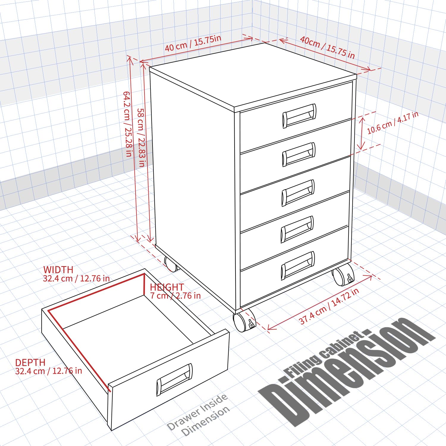 TOPSKY 5 Drawer Mobile Cabinet Fully Assembled Except Casters Built-in Handle (Black)