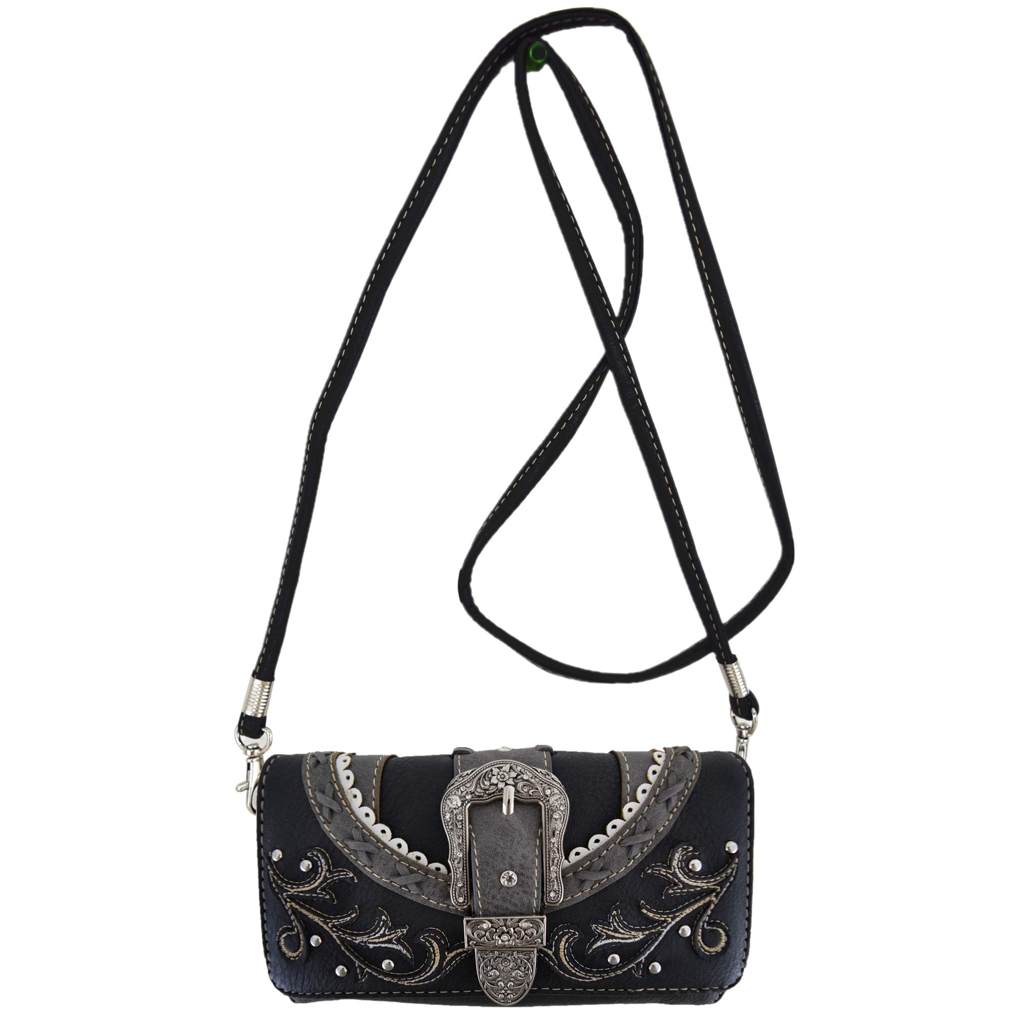 Western Style Tooled Buckle Floral Women Country Backpack School Bag Rucksack Daypack Biker Purse Matching Wallet Set (Black Set)