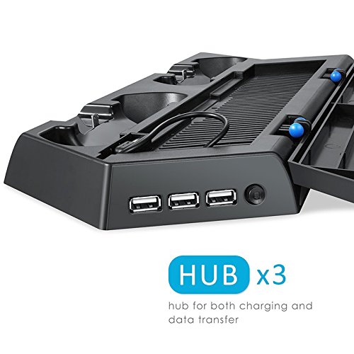 TNP Stand + Controller Charger + Cooling Fan + USB Hub + Game Storage Holder - Vertical Dock Charging Station for DualShock Controller, External Cooler, 4-in-1 Accessories (Black) [Playstation 4]