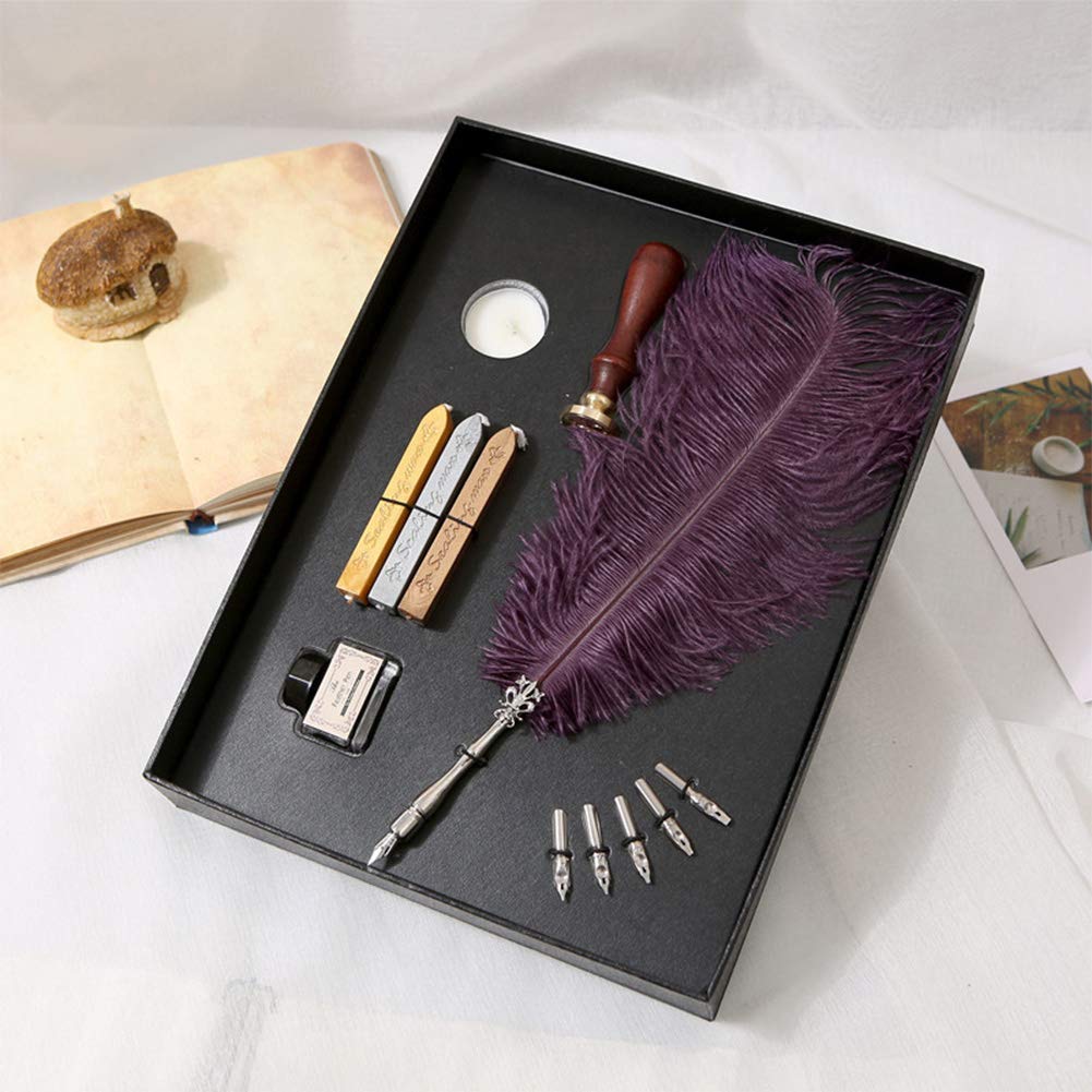 ZZKOKO Calligraphy Pens Set - Quill Pen Set for Beginners, Calligraphy Set Includes Feather Dip Pen, Seal Stamp, 3 Wax Seal Sticks, White Wax, 5 Nibs, Black Ink Bottle