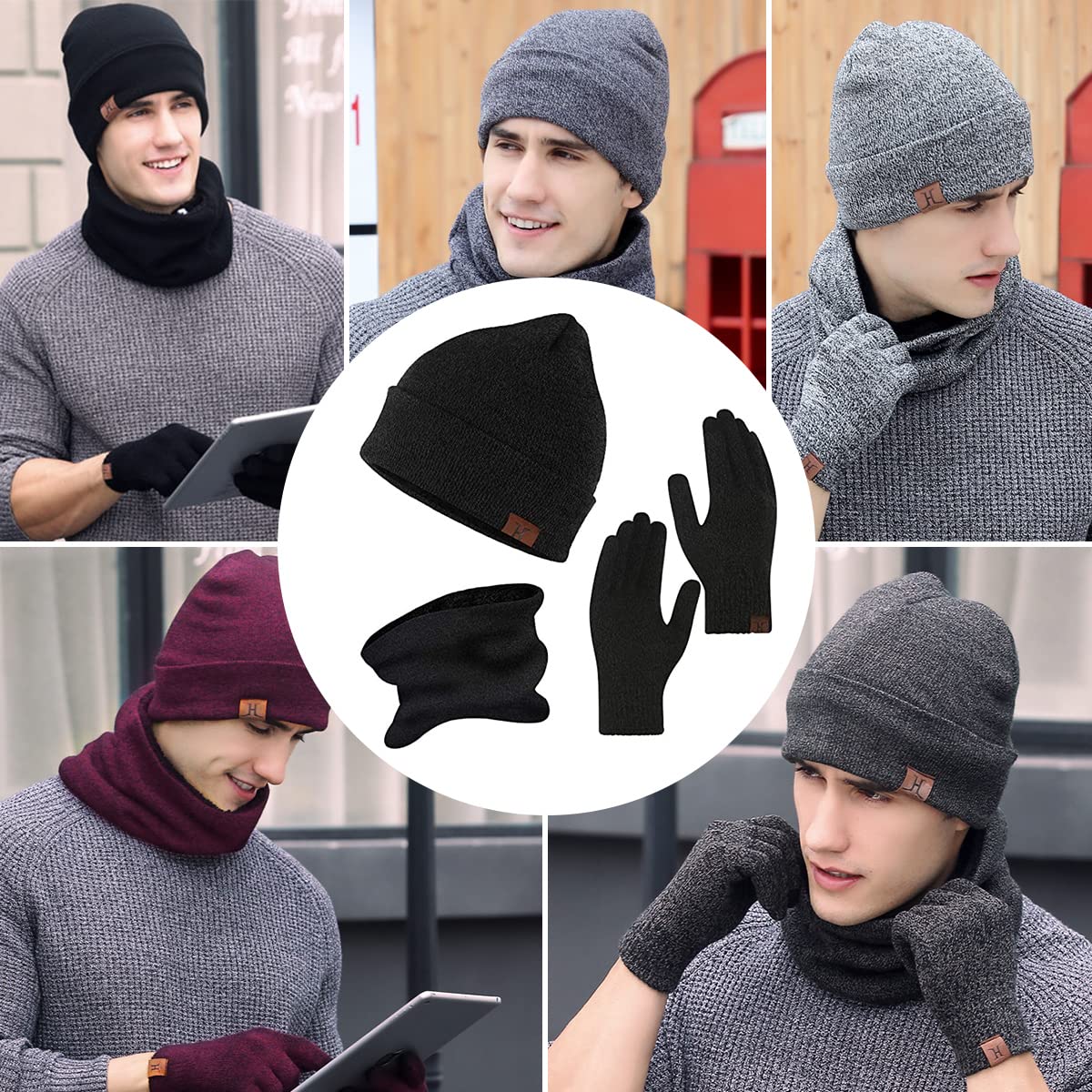 Winter Knit Beanie Hat Gloves and Scarf Set, Fleece Lined Skull Cap Warm Sccarf Touch Screen Gloves for Man Women (Dark Grey)