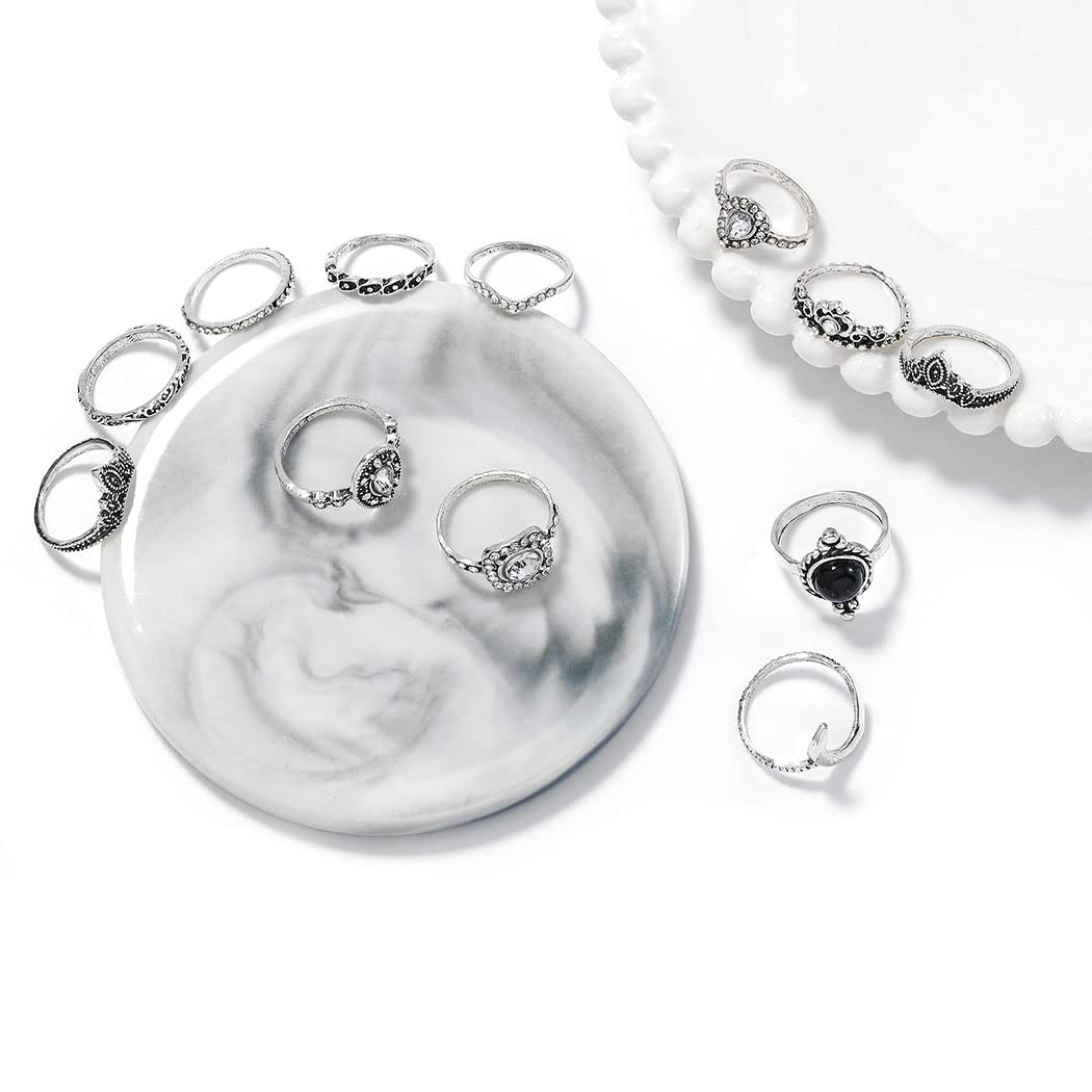Woeoe 12 PCS Boho Knuckle Stacking Rings Silver Vintage Finger Rings Bling Crystals Moon Midi Rings for Women