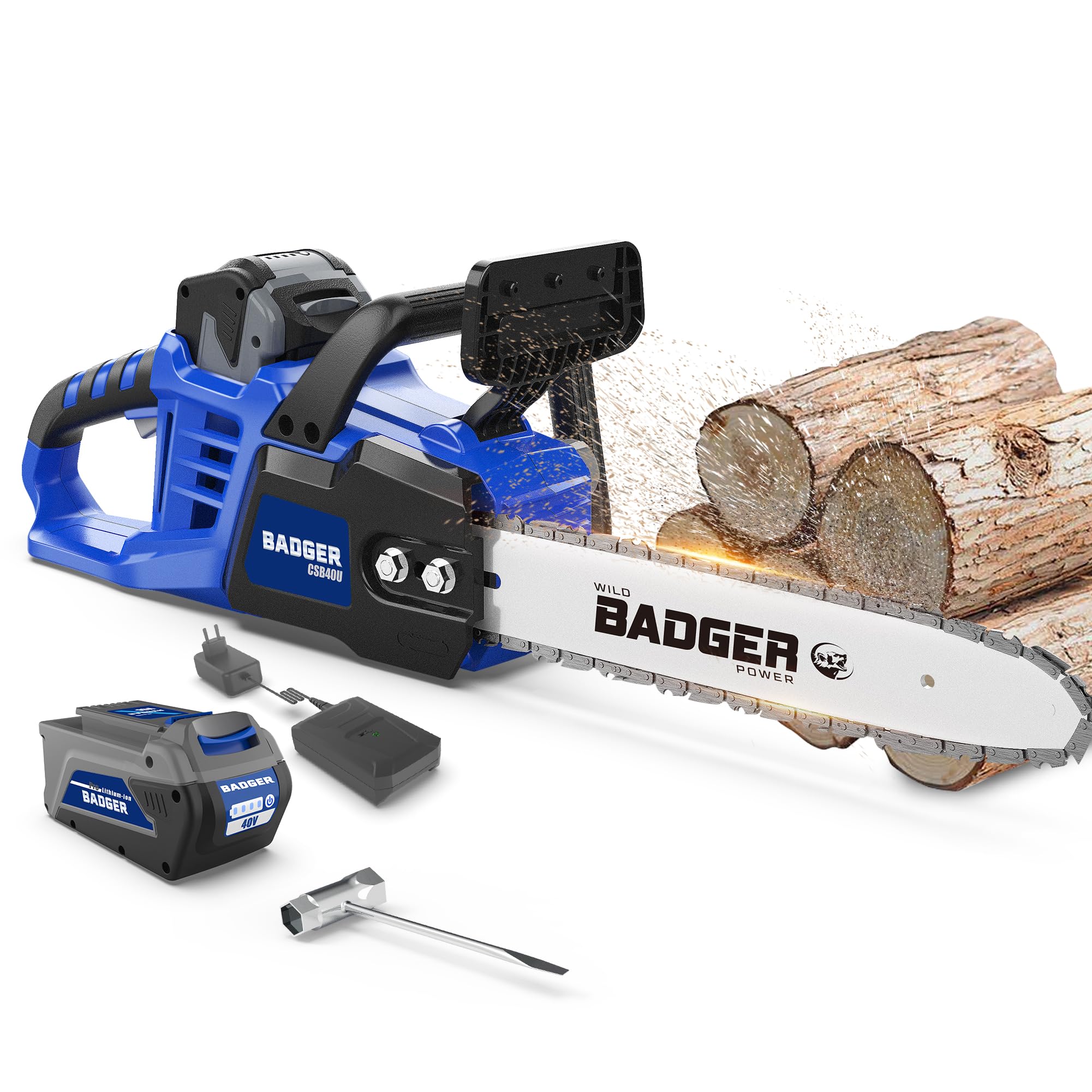 WILD BADGER POWER Electric Chainsaw Cordless 40V 16" Brushless, 4.0 Ah Battery and Charger, Smart Cut technology, Efficient cutting, Safe and Reliable, Great for Tree Felling, Storm Clean-Up, Pruning