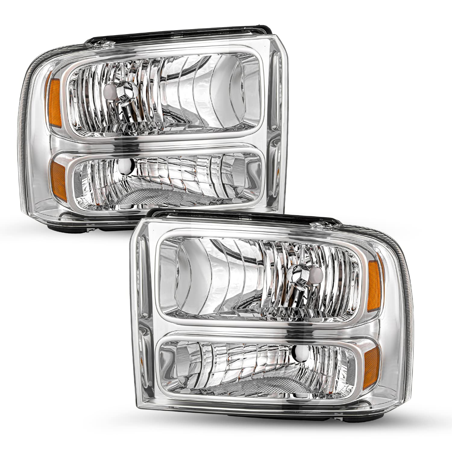 SOCKIR Headlight Assembly Compatible with 05 06 07 Ford F250 F350 F450 F550 Super Duty / 2005 Ford Excursion Driver and Passenger Side (Chrome Housing & Amber Reflector)