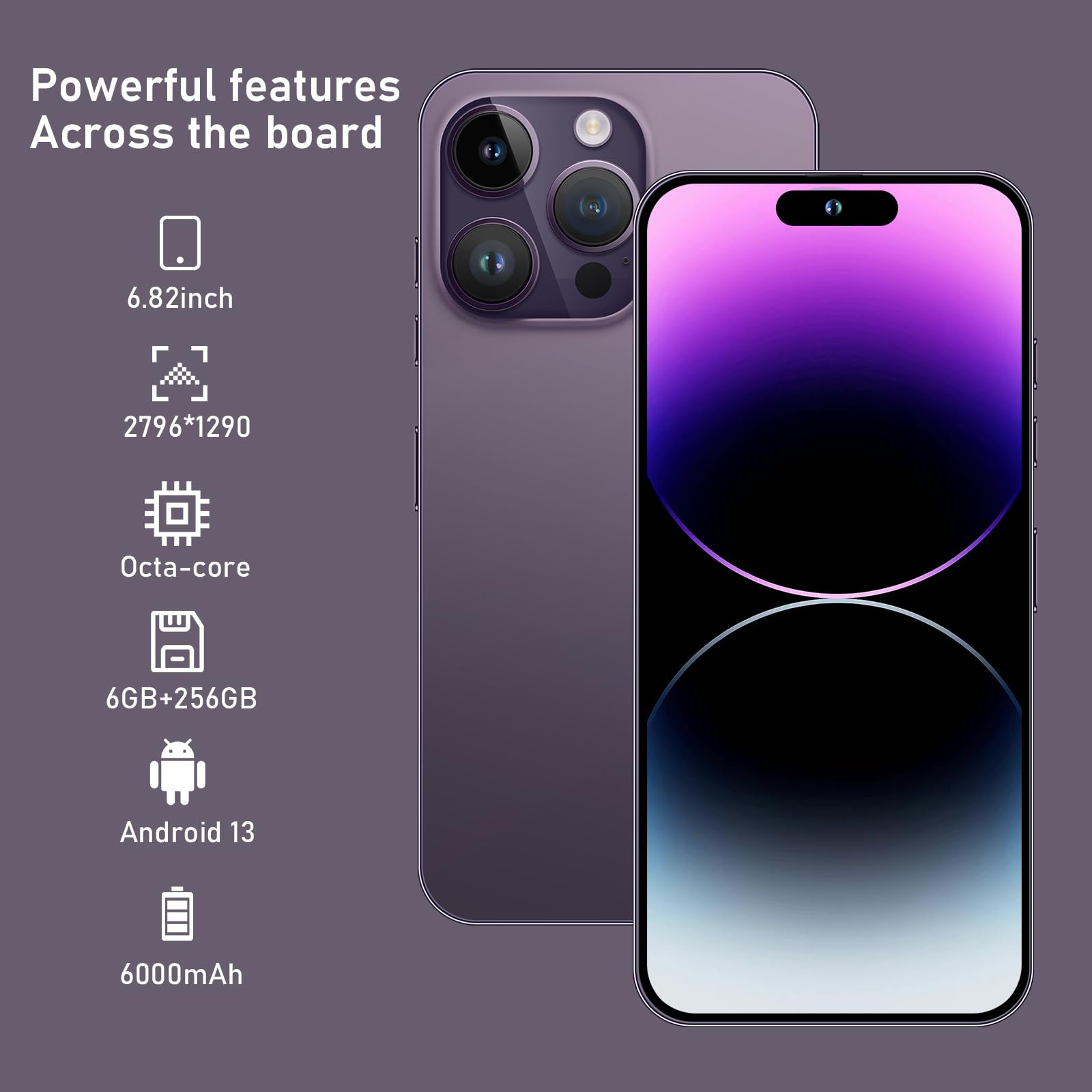 WV LeisureMaster A14pro Max Unlocked Phone, 6+256GB Android 13.0 Smartphone, 6.82-inch HD Screen, Dual SIM, Dual Standby, 6000 mAh Battery, 64MP Camera, 2796 * 1290 Resolution 5g Phone（Purple）