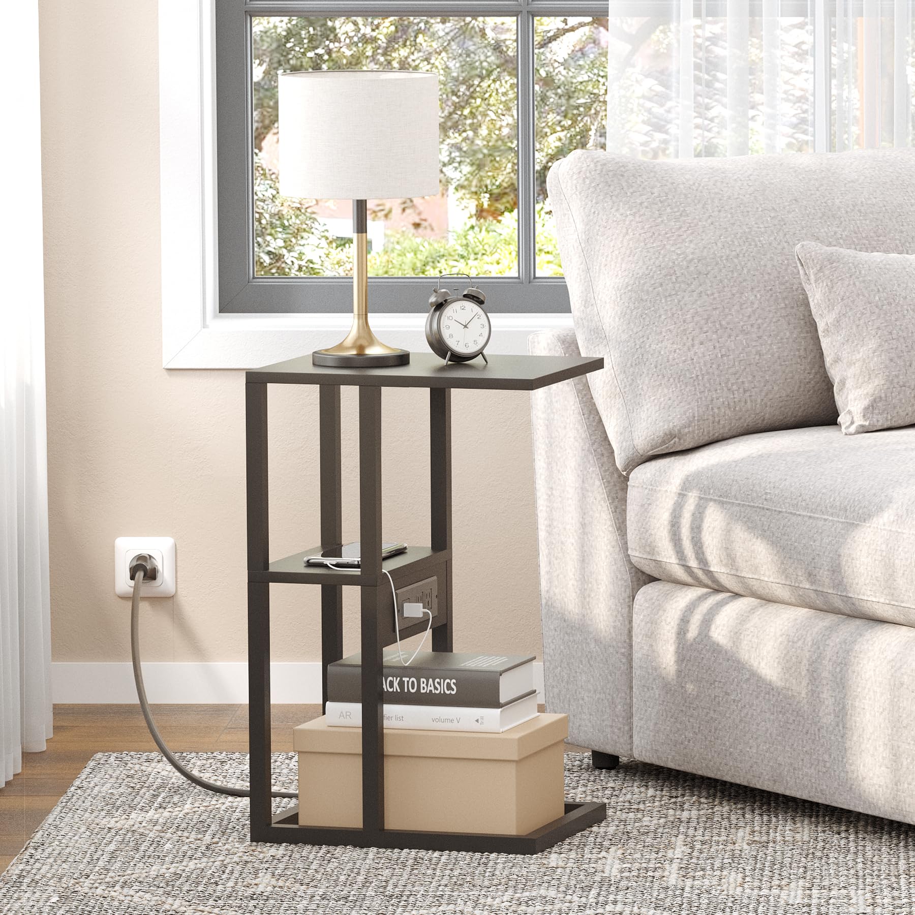 TUTOTAK Side Table with 2 USB Ports and Outlets, C Shaped End Table with Charging Station, Snack Table for Couch and Bed, Small Sofa Table for Small Spaces, Living Room, Bedroom, Greige TB01BG043