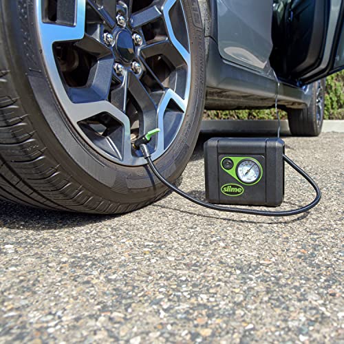 Slime 40060 Tire Inflator, Compact, Portable Car Air Compressor, Analog, Quick Connect Air Hose, Flat Tire Puncture Repair, 12V, 10 min inflation Black