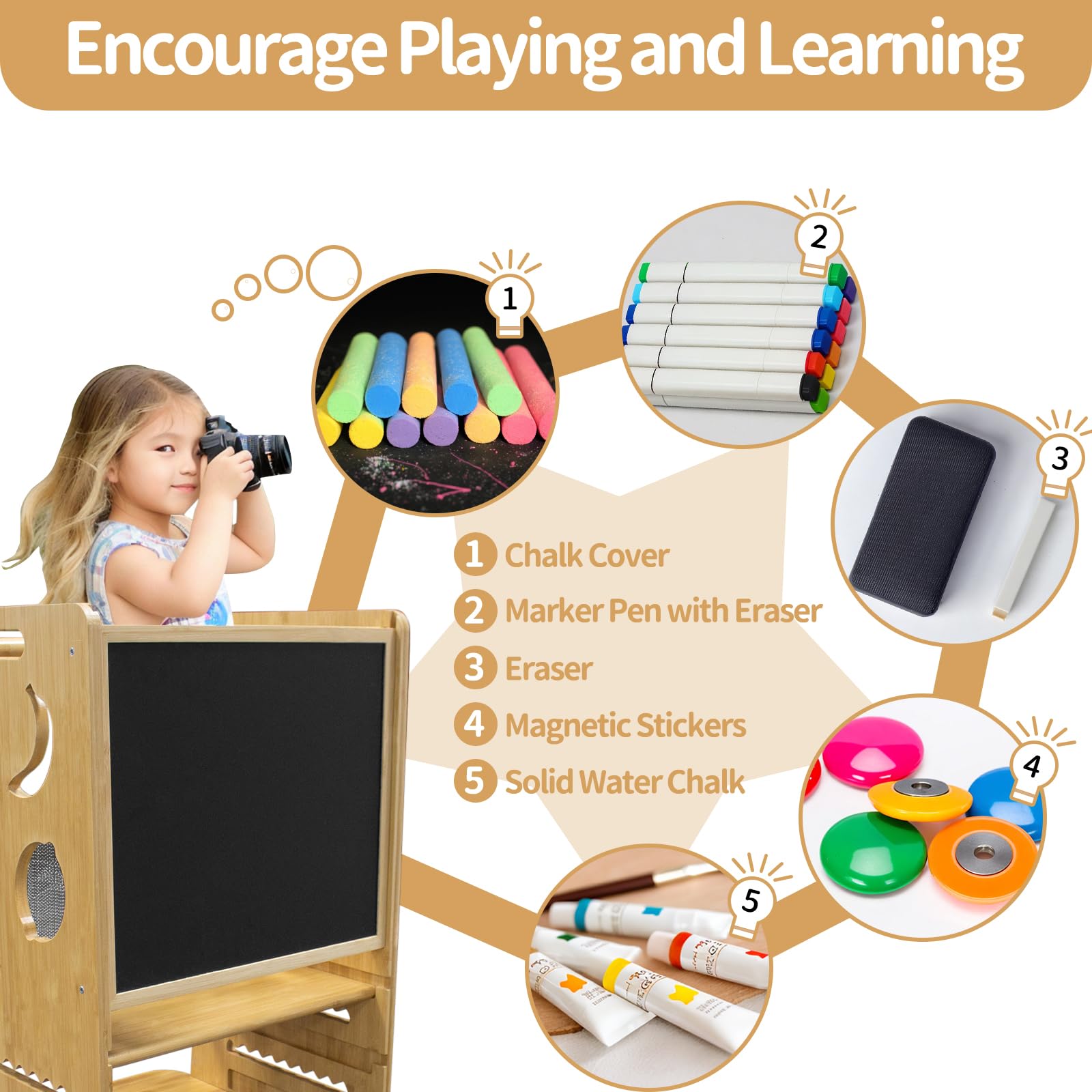 Wooden Brown 1-3 Toddler Tower Kitchen Helper,Height Adjustable Learning Standing Tower with Black and White Activity Board & Safety Net Perfect for Kitchen, Bathroom and Bedroom Children Step Stool
