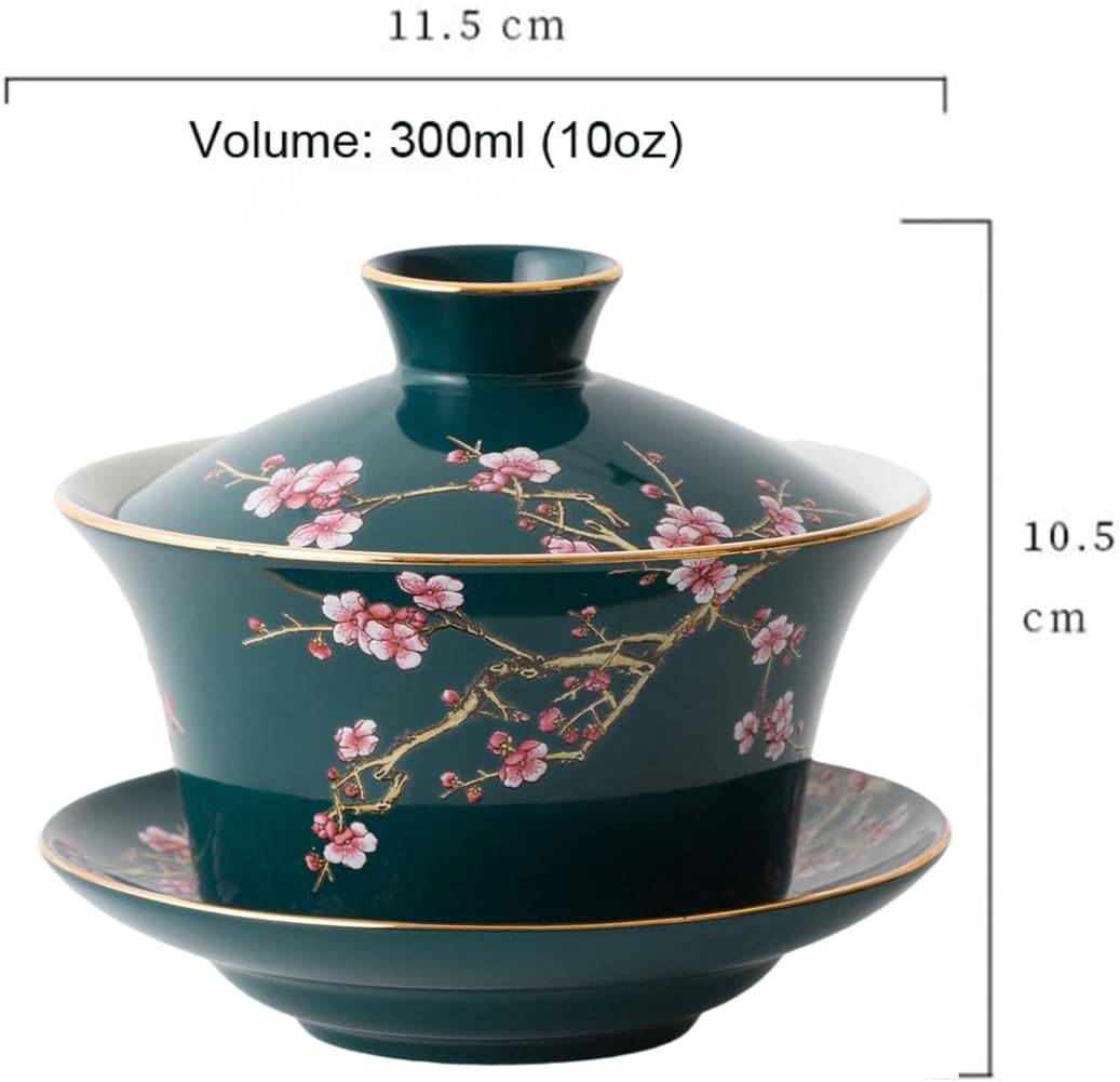 YBK Tech 10oz Large Gaiwan, Porcelain Kung Fu Tea Cup and Saucer with Lid, Chinese Traditional Gaiwan, Sancai Tea Bowl - Embossed Plum Patterns (Green)