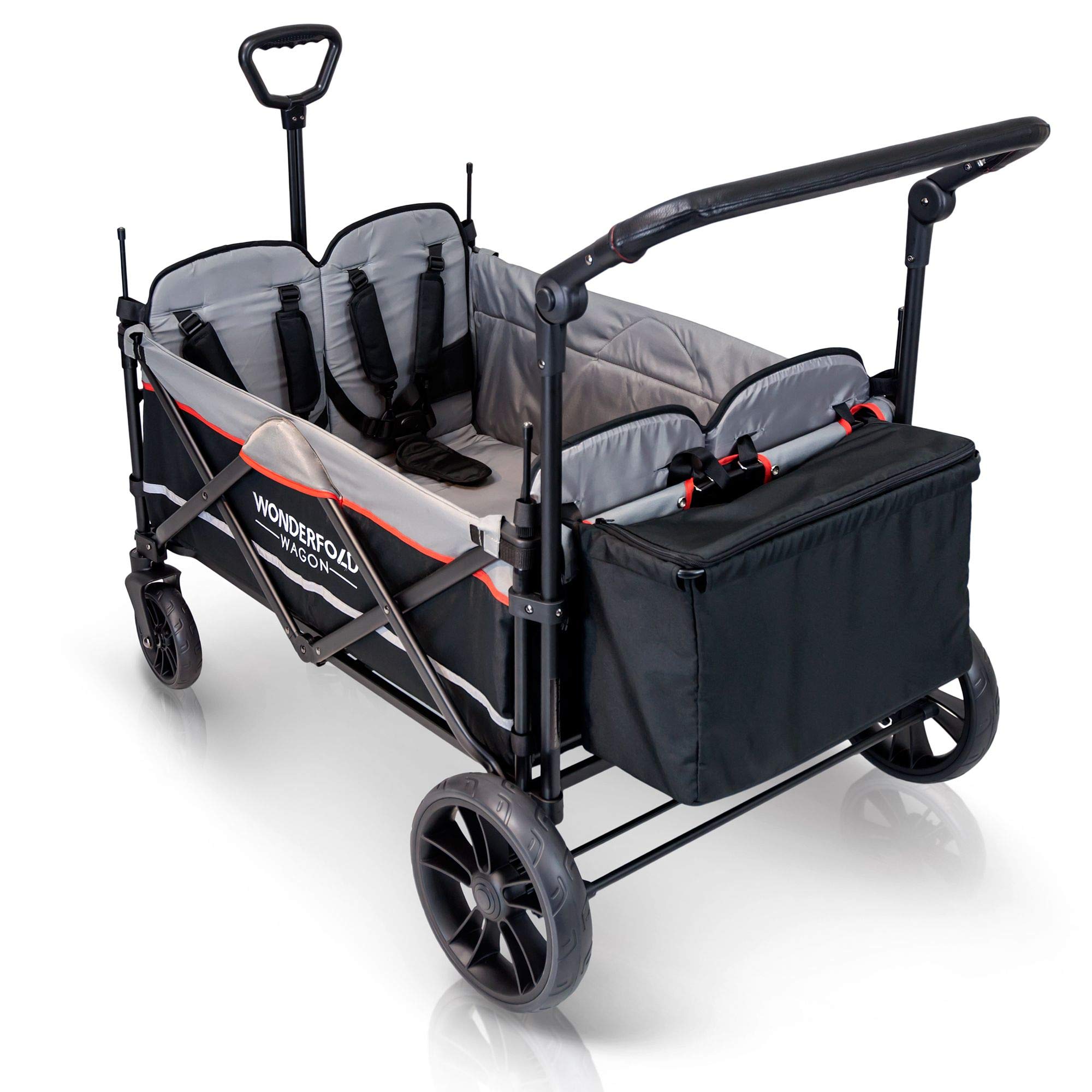WONDERFOLD X4 Multi-Function Pull & Push 4 Passenger Quad Stroller Wagon with Removable Canopy, 5-Point Harness, and Reflective Safety Strip (Black, 4 Seats)