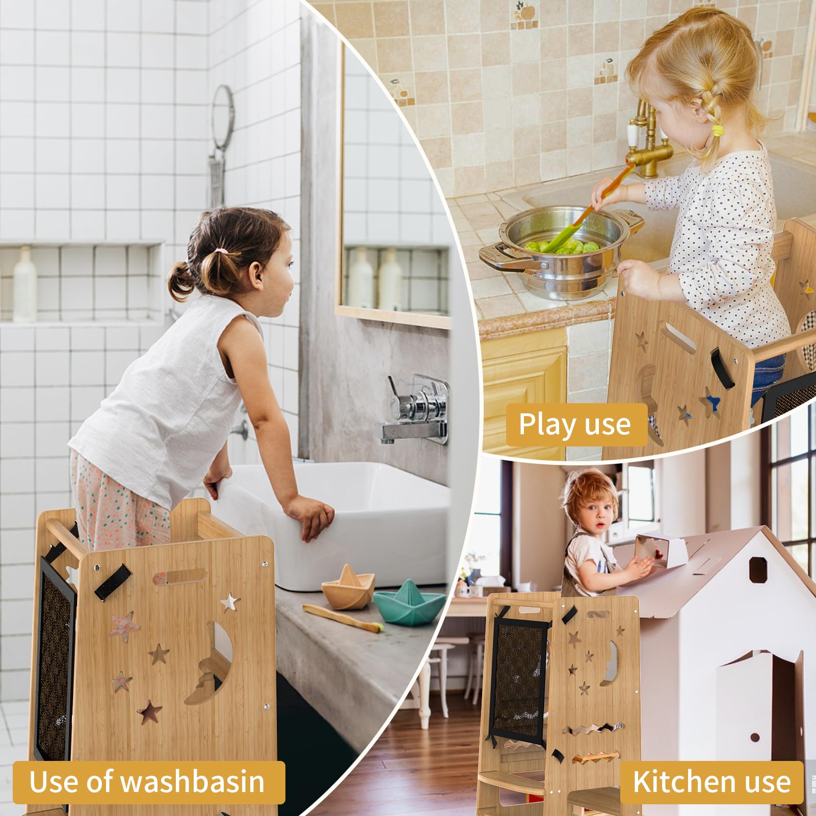 Wooden Kitchen Step Stool, 3 Heights Adjustable Toddler Standing Tower, Bamboo Toddler Kitchen Stool Helper with Black and White Chalkboard,Toddler Learning Tower for Bathroom, Cooking Helper