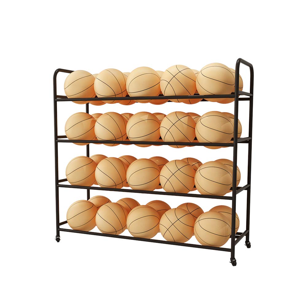TANGGU Basketball Racks for Balls with Wheels,Iron Basketball Display Stand Equipment,Ball Cart Ball Racks for Garage Ball Holder(Black,4-Tier,40 Balls)
