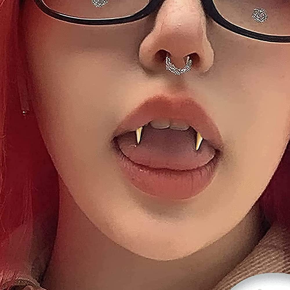 Ypser 2PC Vampire Teeth Ring Stainless Steel Teeth Nail Rings Smiley Piercing Teeth Jewelry (Golden + Silver) 1.2mm (16G)